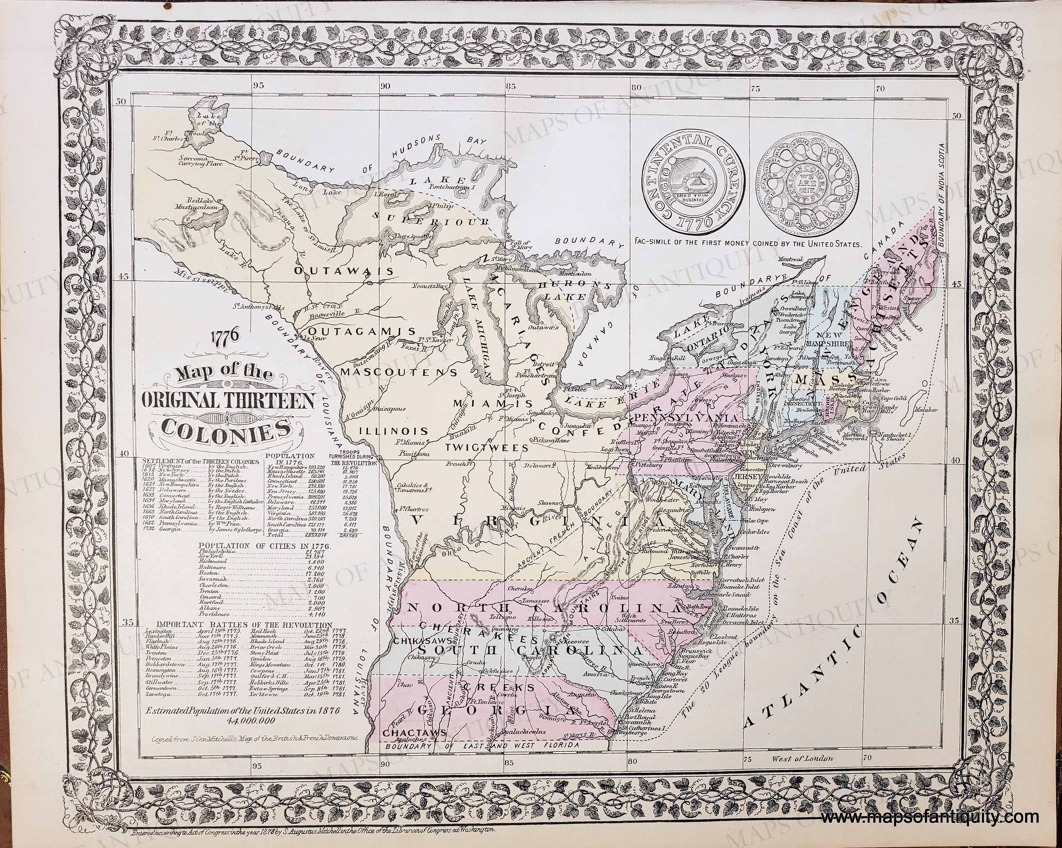 1878 - 1776, Map of the Original Thirteen Colonies - Antique Map – Maps ...