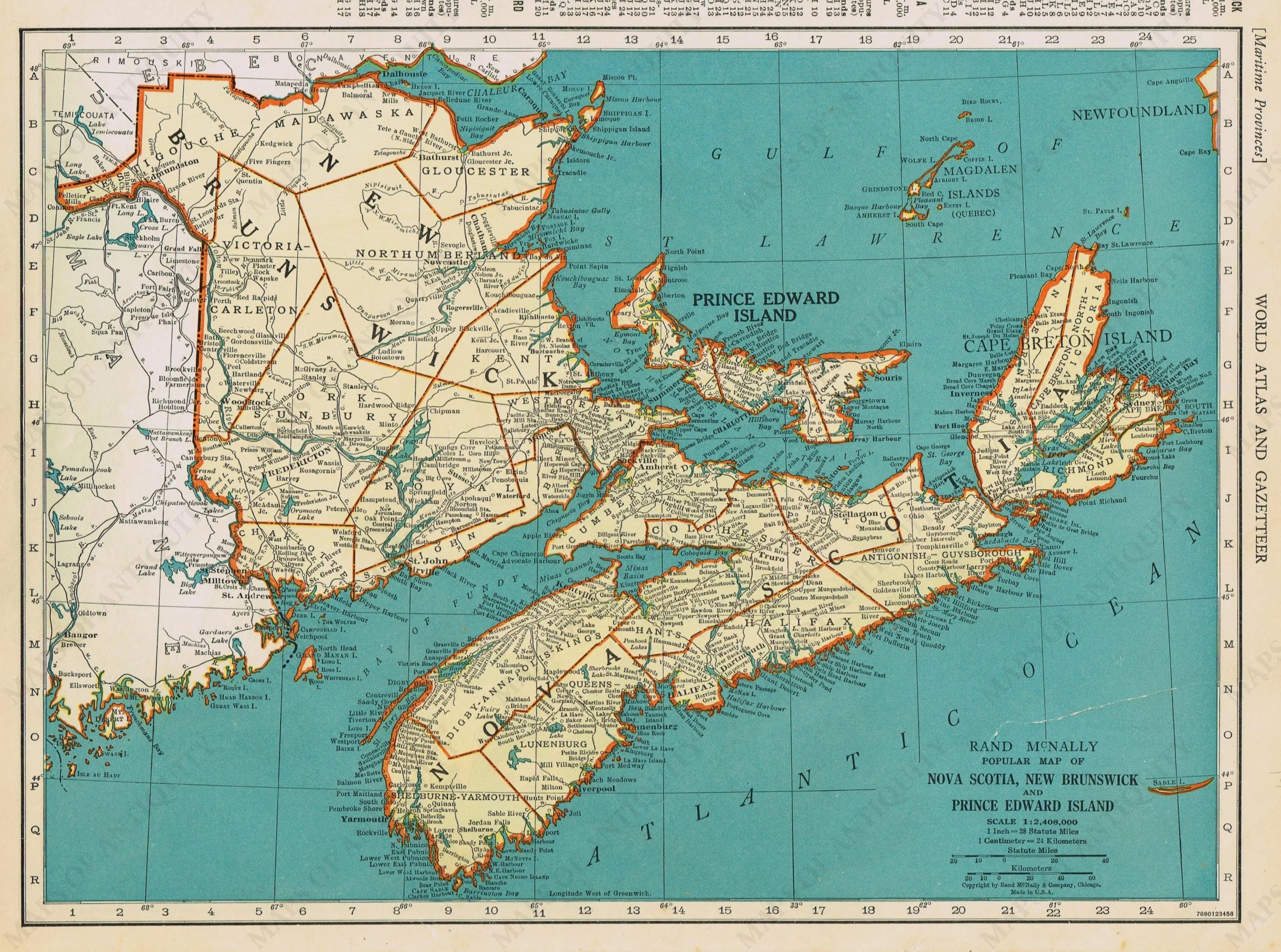 1940 Genuine Antique Map Popular Map of Nova Scotia, New Brunswick, and Prince Edward Island ...