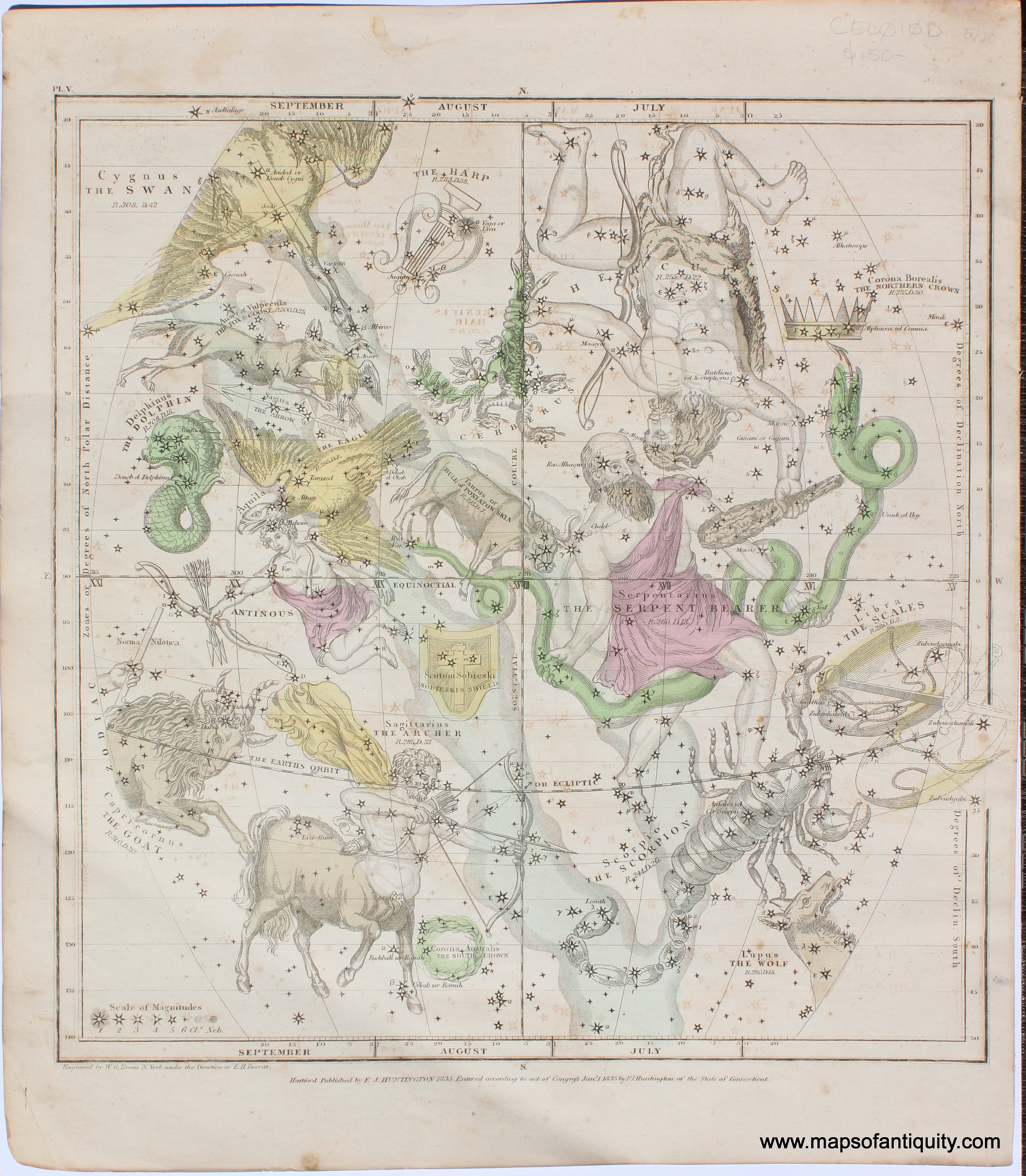 1835 - Constellations July, August, September. - Antique Star Map ...