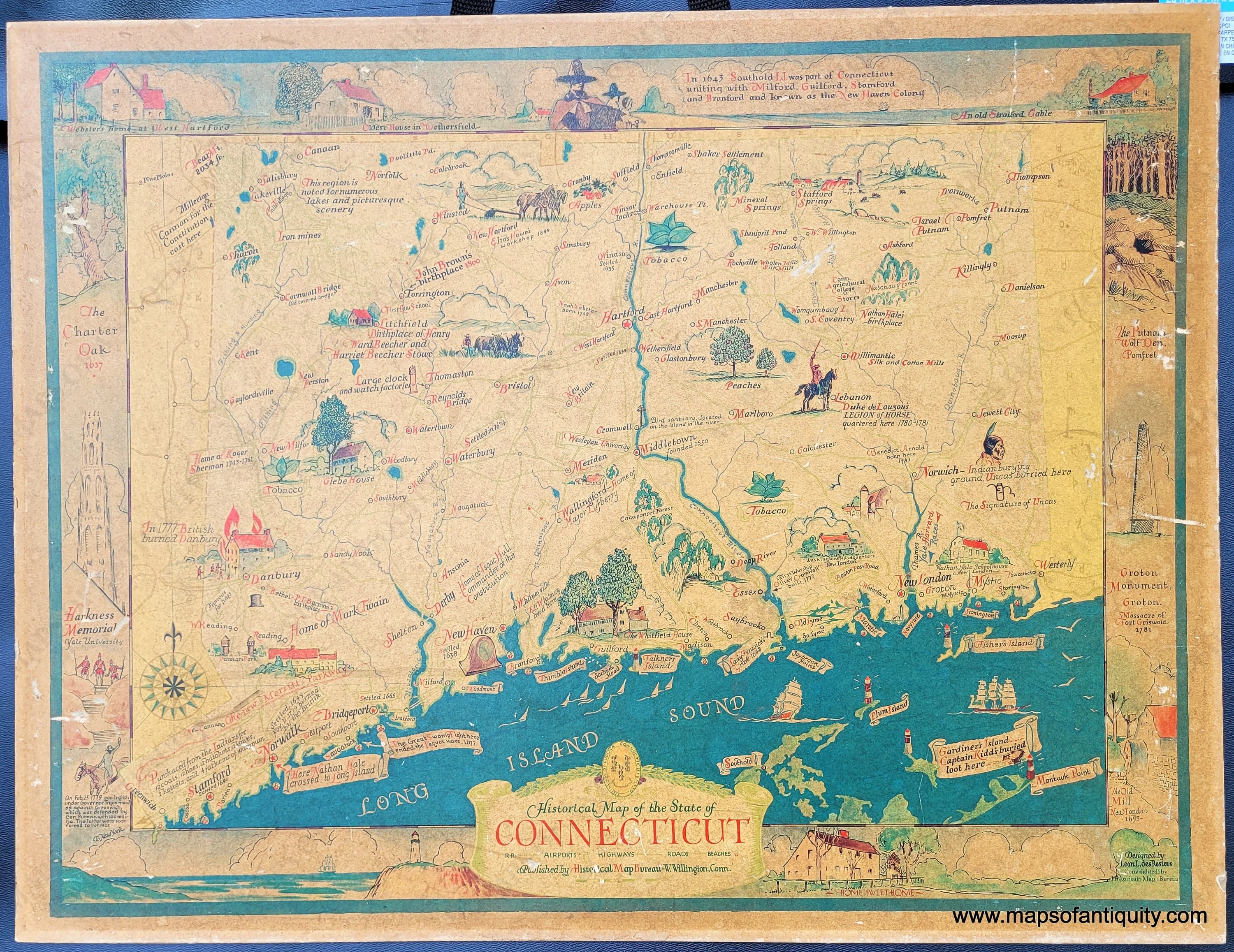 1930s - Historical Map of the State of Connecticut - Antique Map – Maps ...