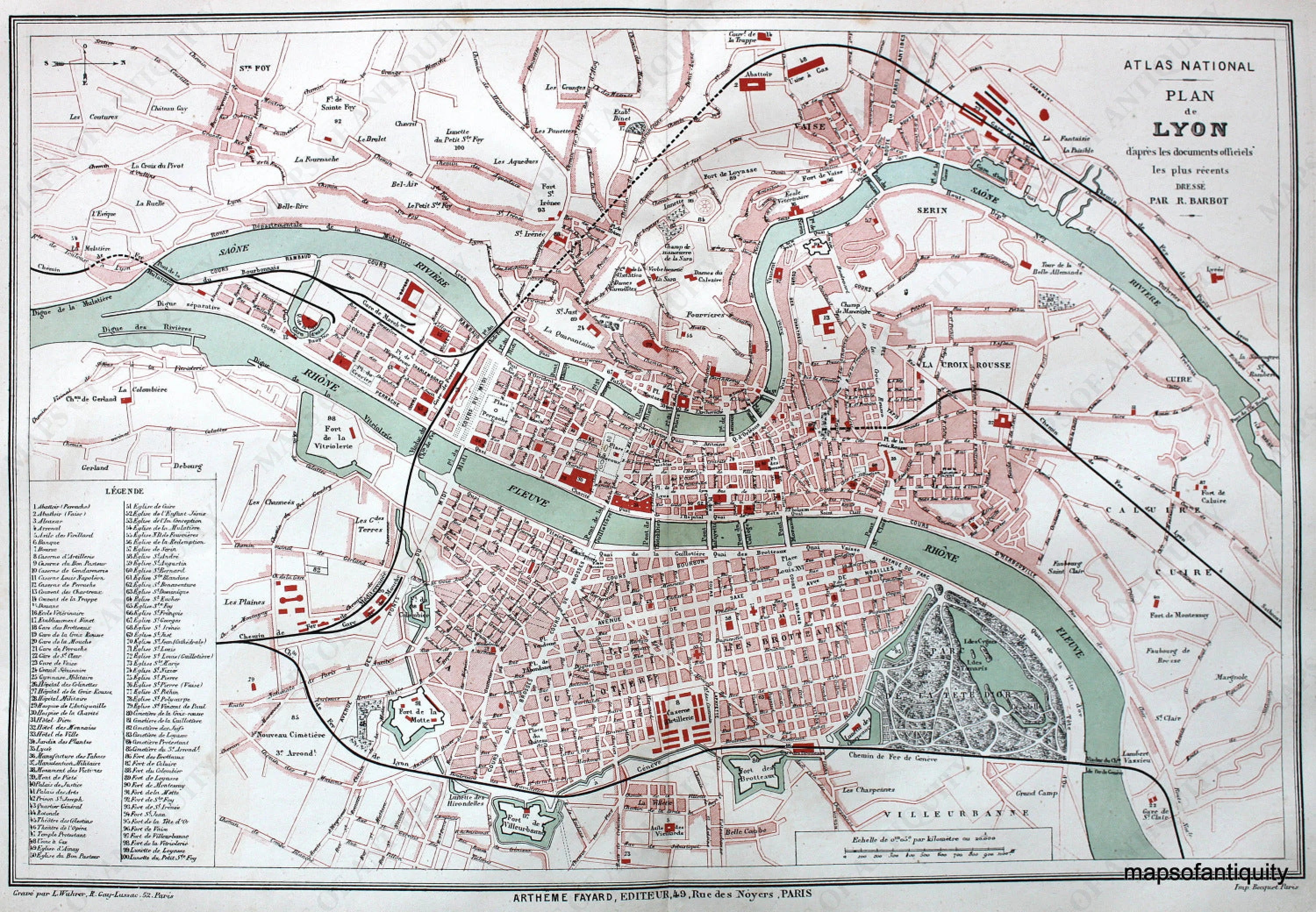 1877 - Plan de Lyon - Antique Map – Maps of Antiquity
