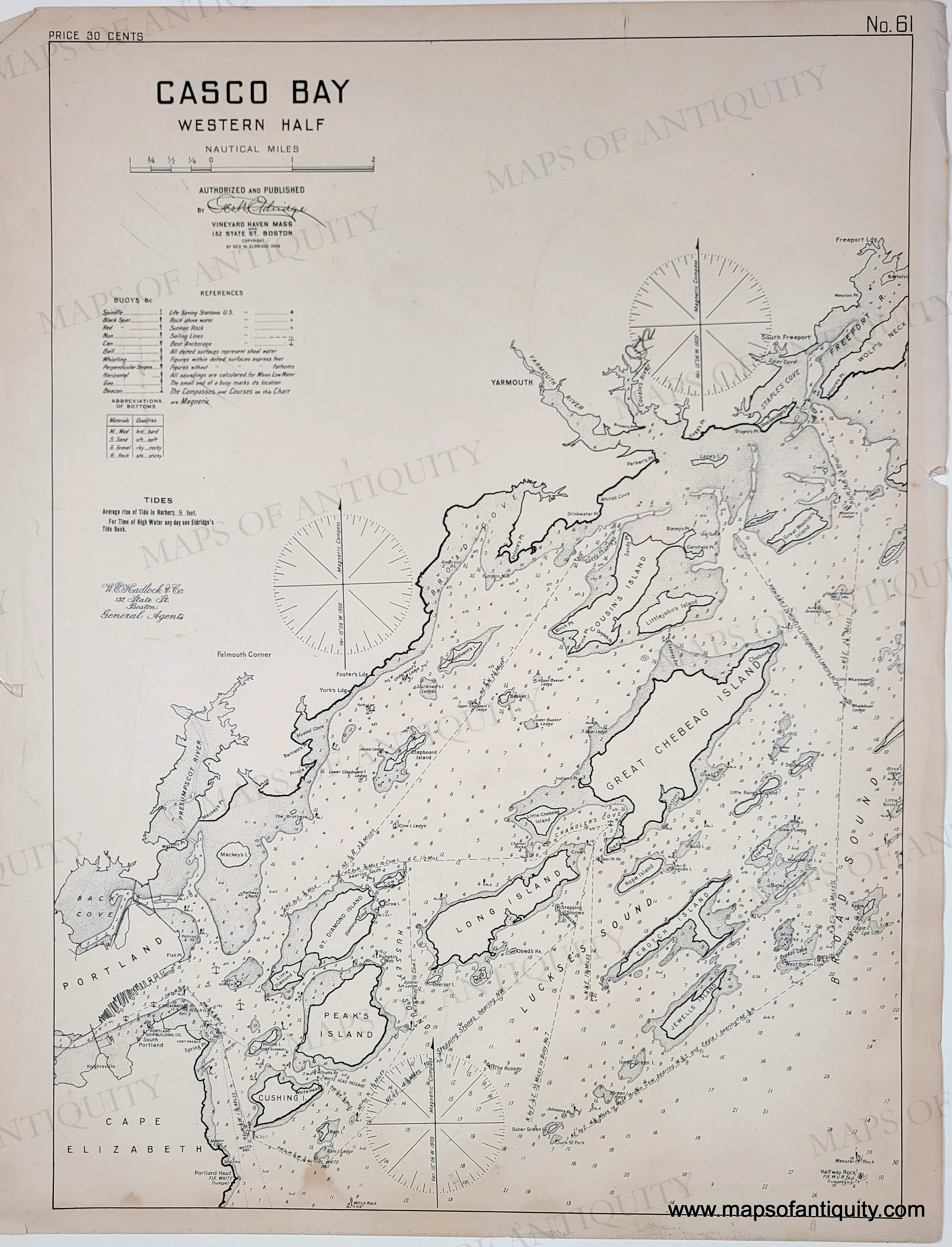 1909 - Casco Bay Western Half (Maine) - Antique Chart – Maps of Antiquity