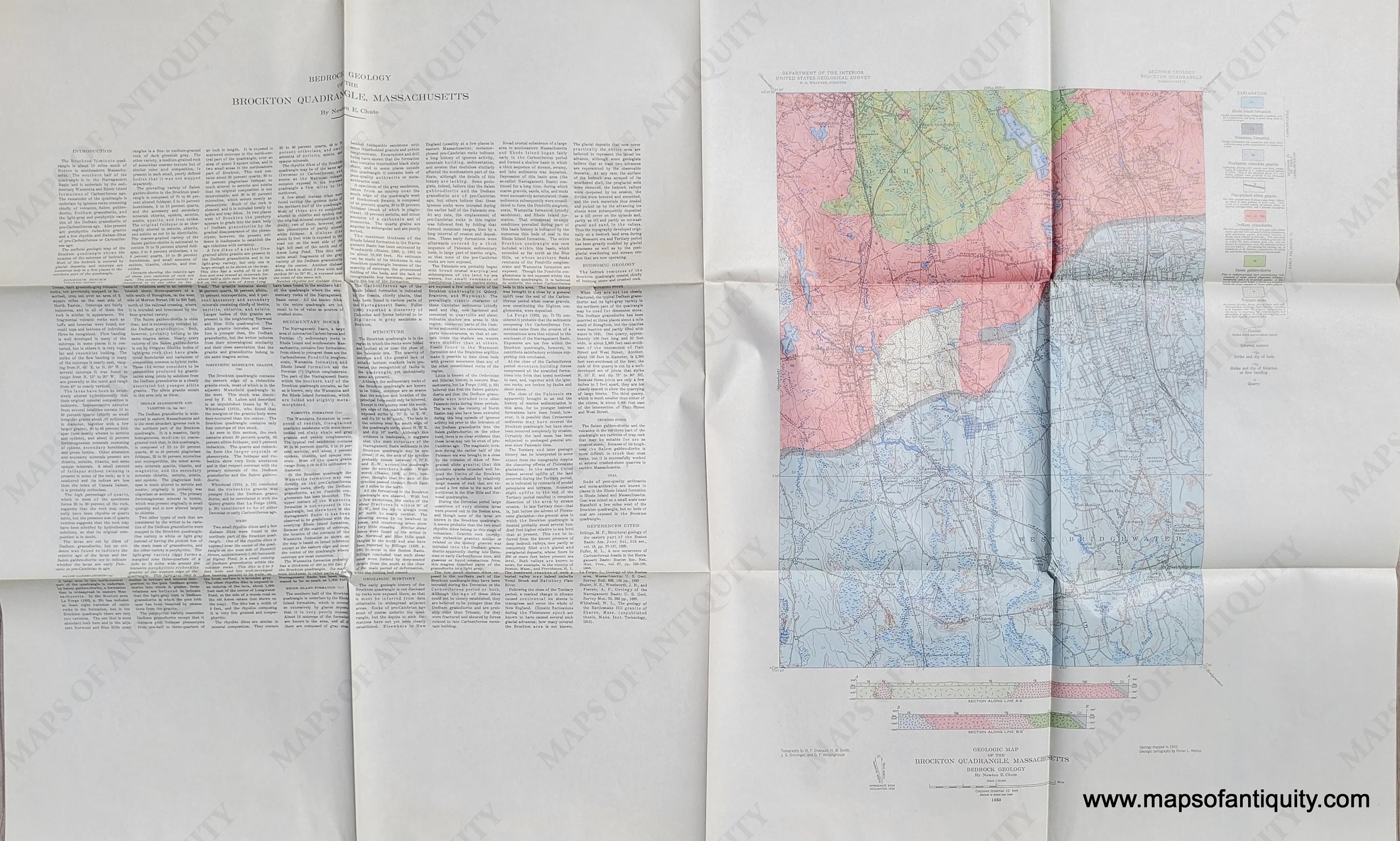 1950 Genuine Vintage Map Bedrock Geology of the Brockton Quadrangle, Massachusetts – Maps of ...