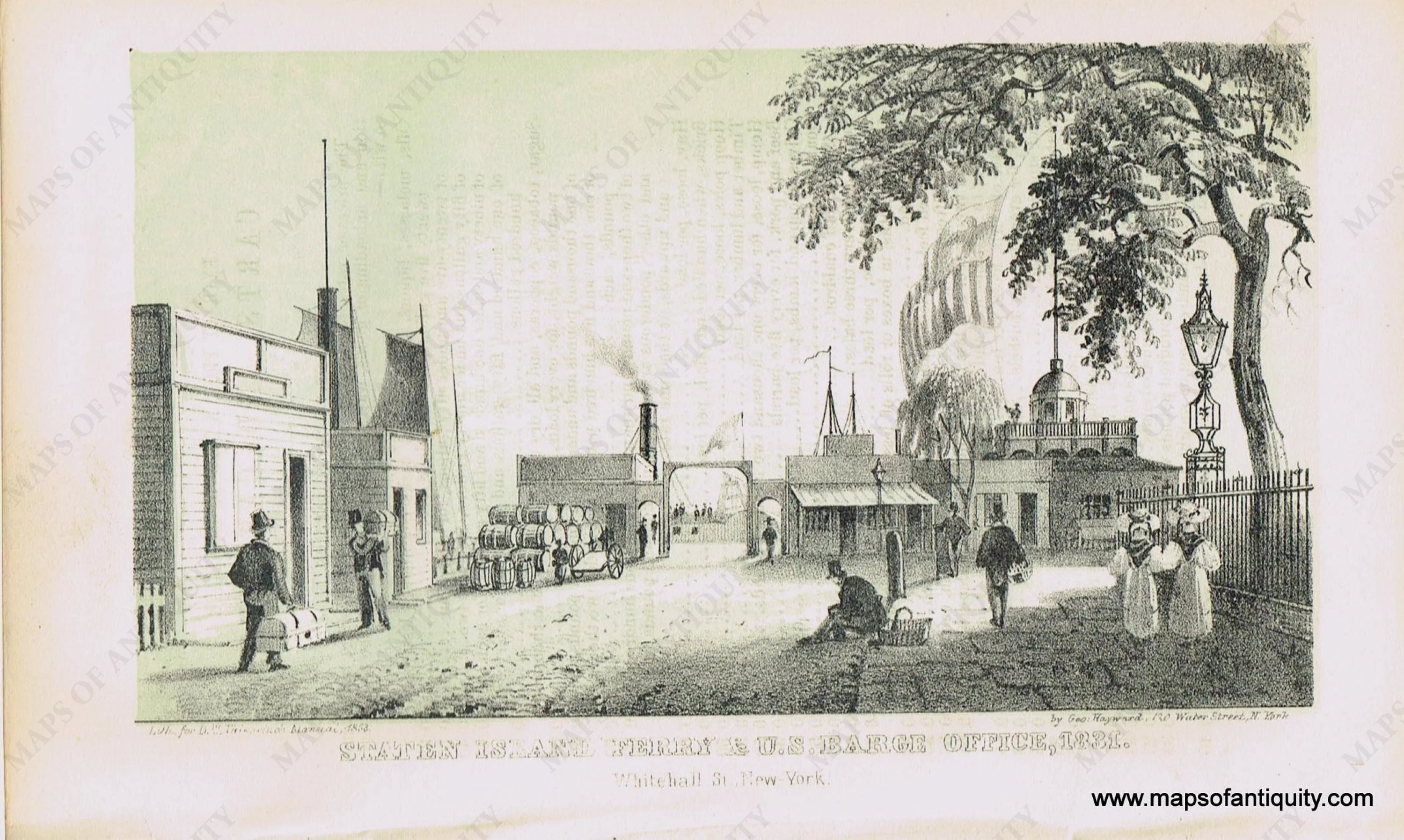 1853 Genuine Antique Print Staten Island Ferry & U.S. Barge Office, 1831. Whitehall Street, New ...