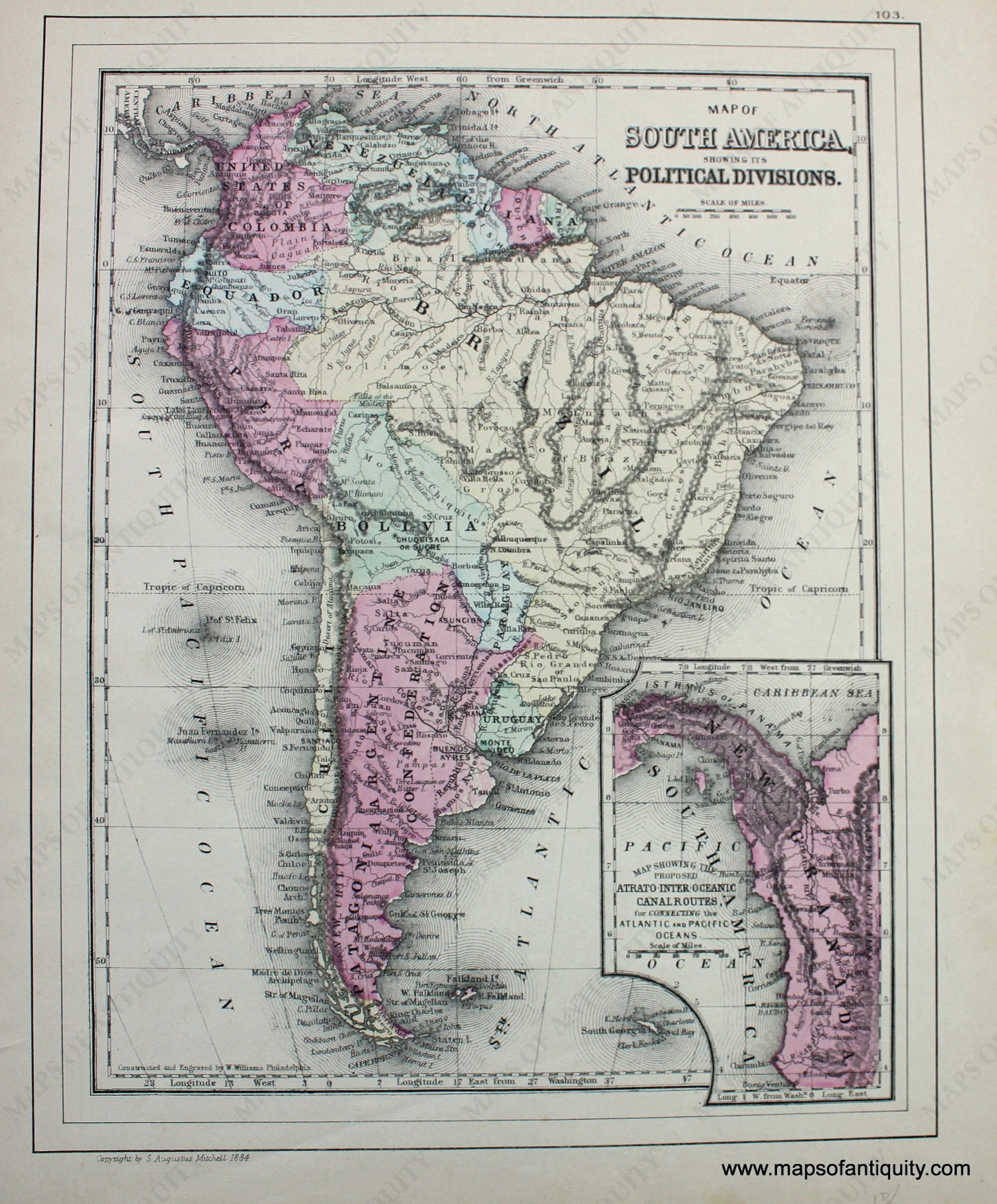 1885 - Map of South America Showing its Political Divisions with inset ...