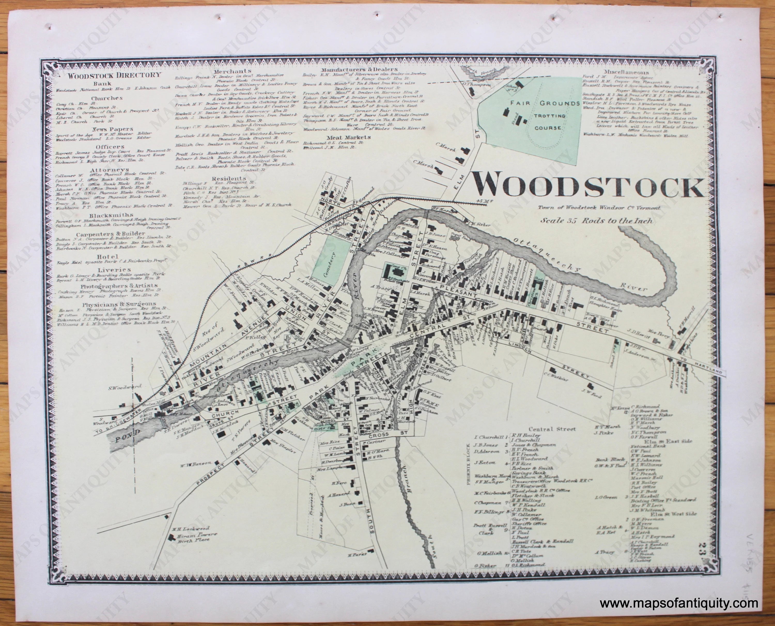 1869 - Woodstock, VT **SOLD** - Antique Map – Maps of Antiquity