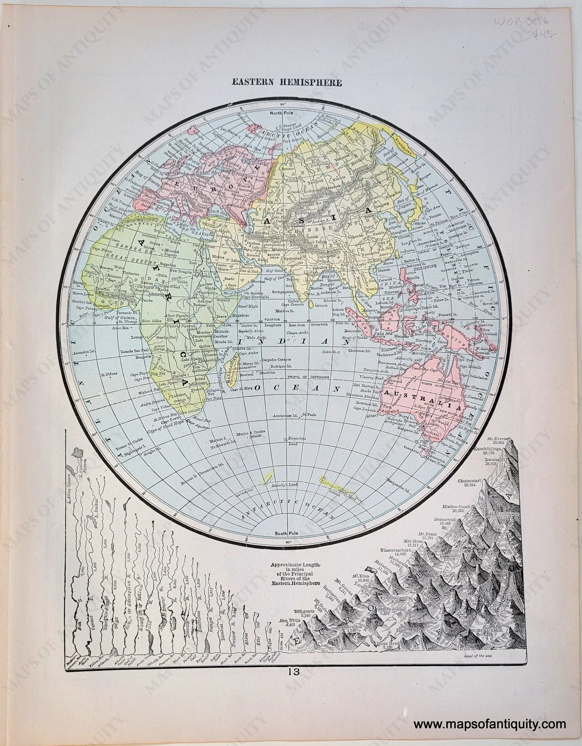 1900 Genuine Antique Map Eastern Hemisphere / Map of the Polar Regions ...