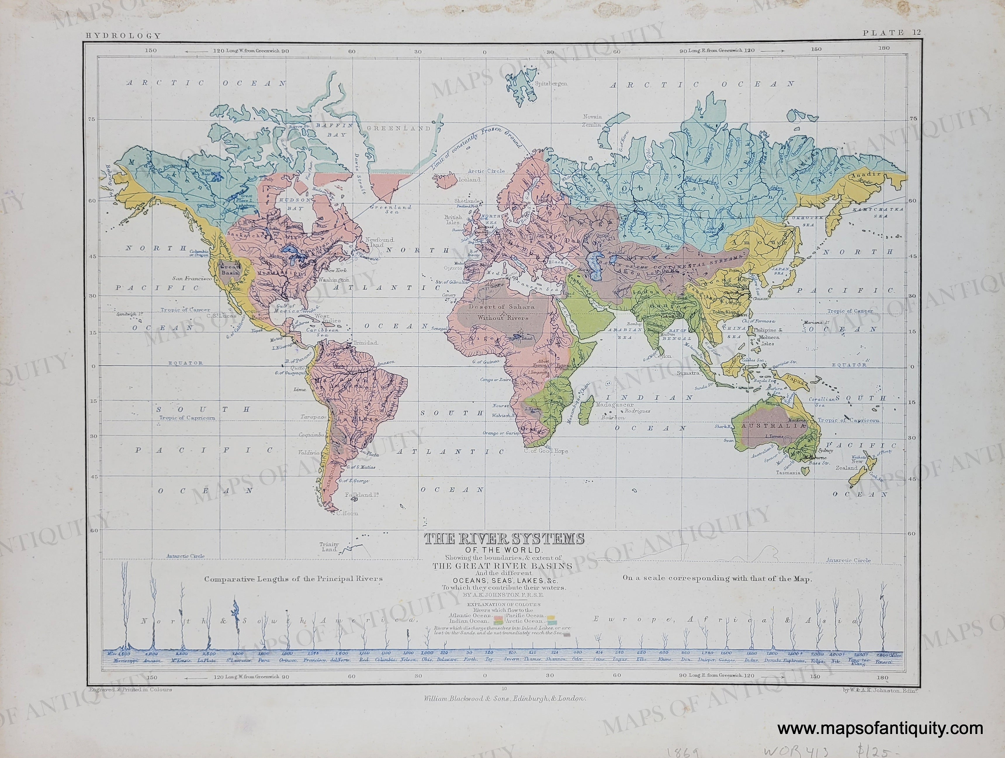 1869 Genuine Antique Map The River Systems of the World – Maps of Antiquity