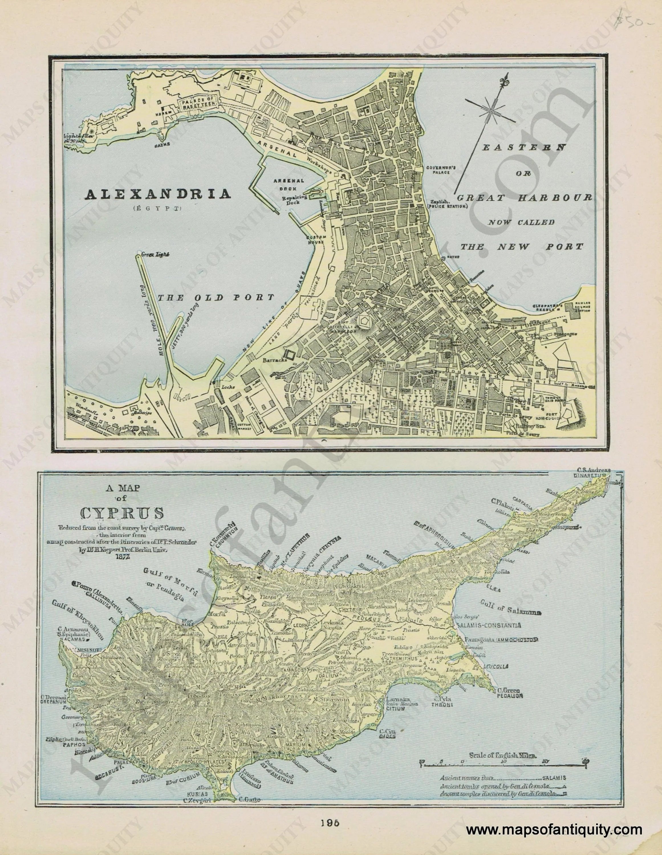 1898 - Alexandria (Egypt), and A Map of Cyprus, verso: Calcutta (India ...