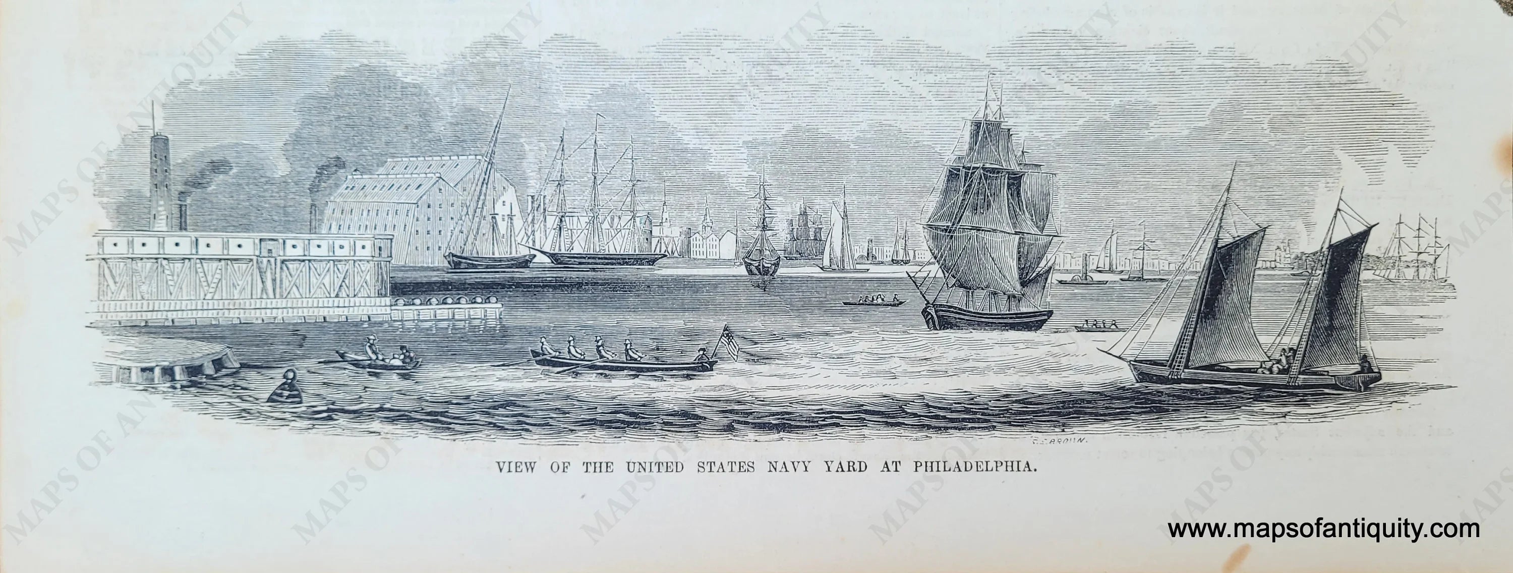 1854 - View of the United States Navy Yard at Philadelphia - Antique P ...