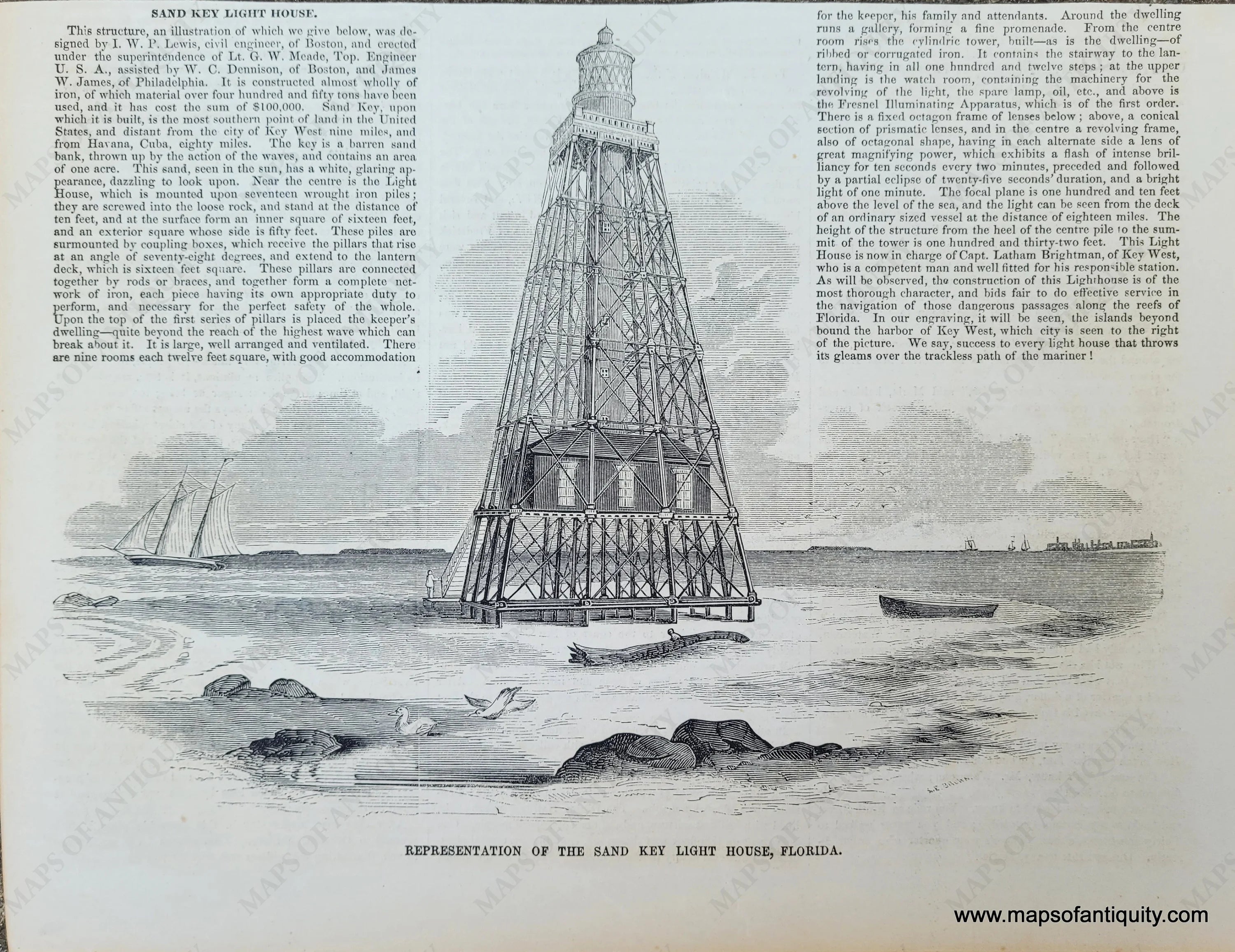1854 - Representation of the Sand Key Light House, Florida - Antique P ...