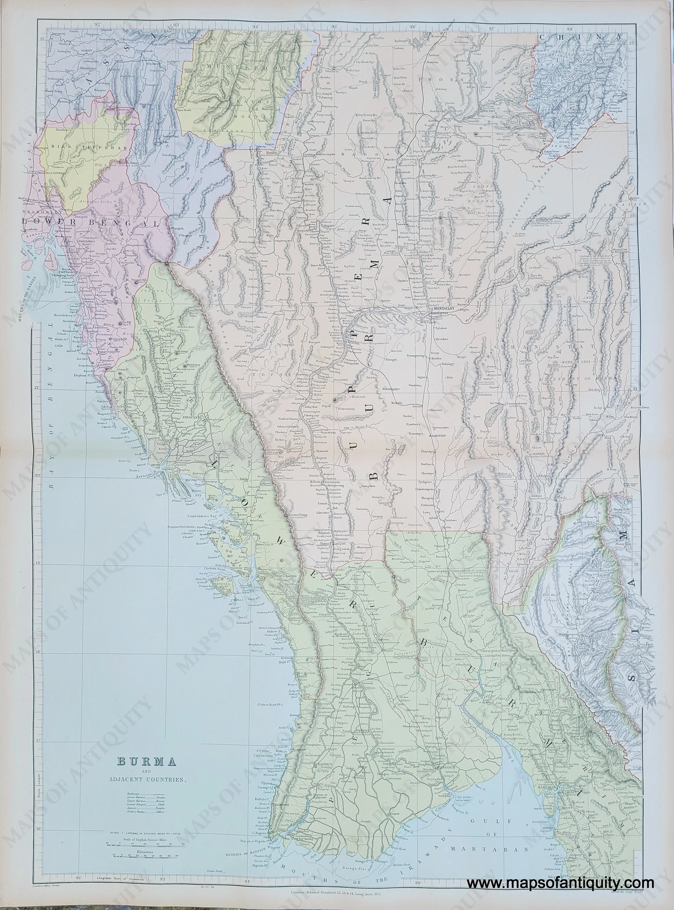 1904 - Burma and Adjacent Countries. - Antique Map – Maps of Antiquity