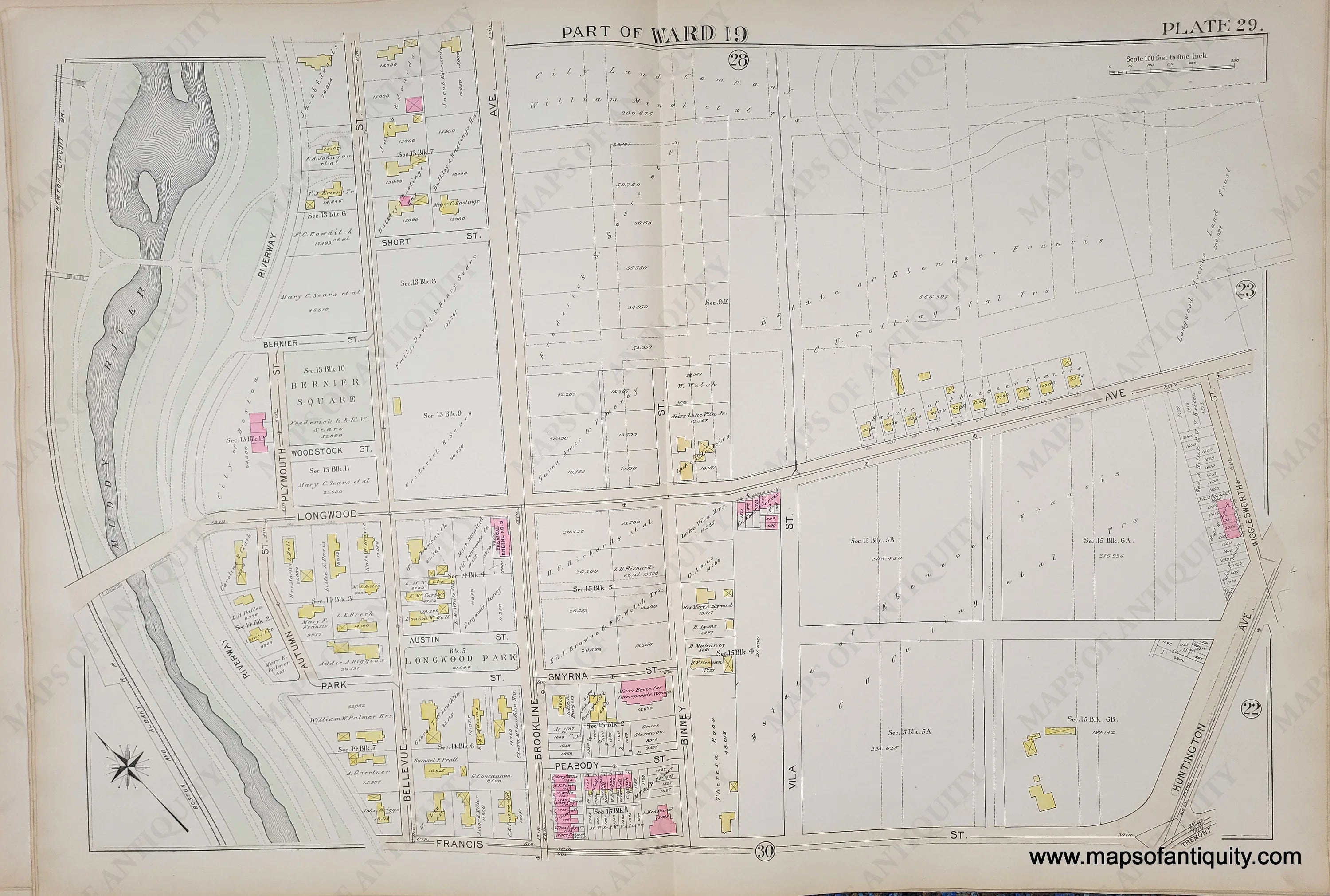 1895 Genuine Antique Map Plate 29: Part of Ward 19, City of Boston ...