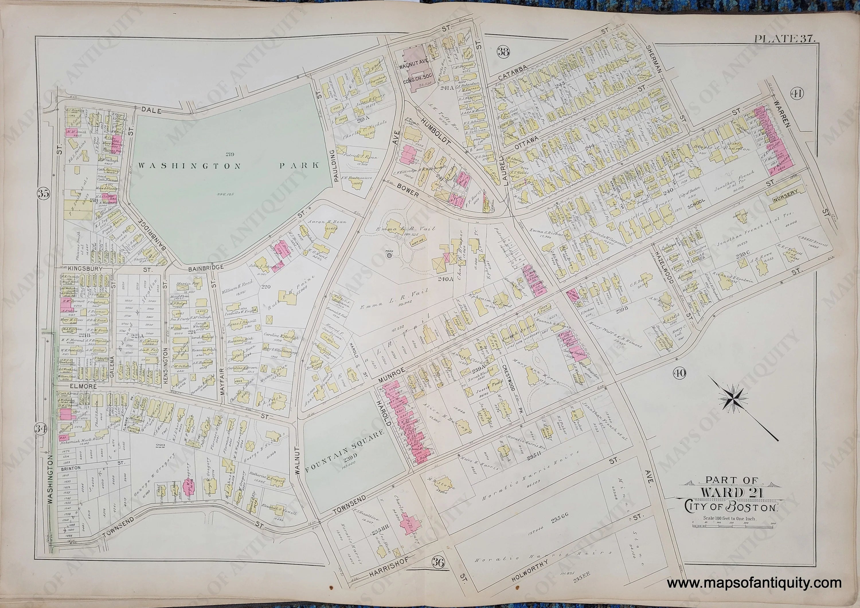 1895 Genuine Antique Map Plate 37: Part of Ward 21, City of Boston ...