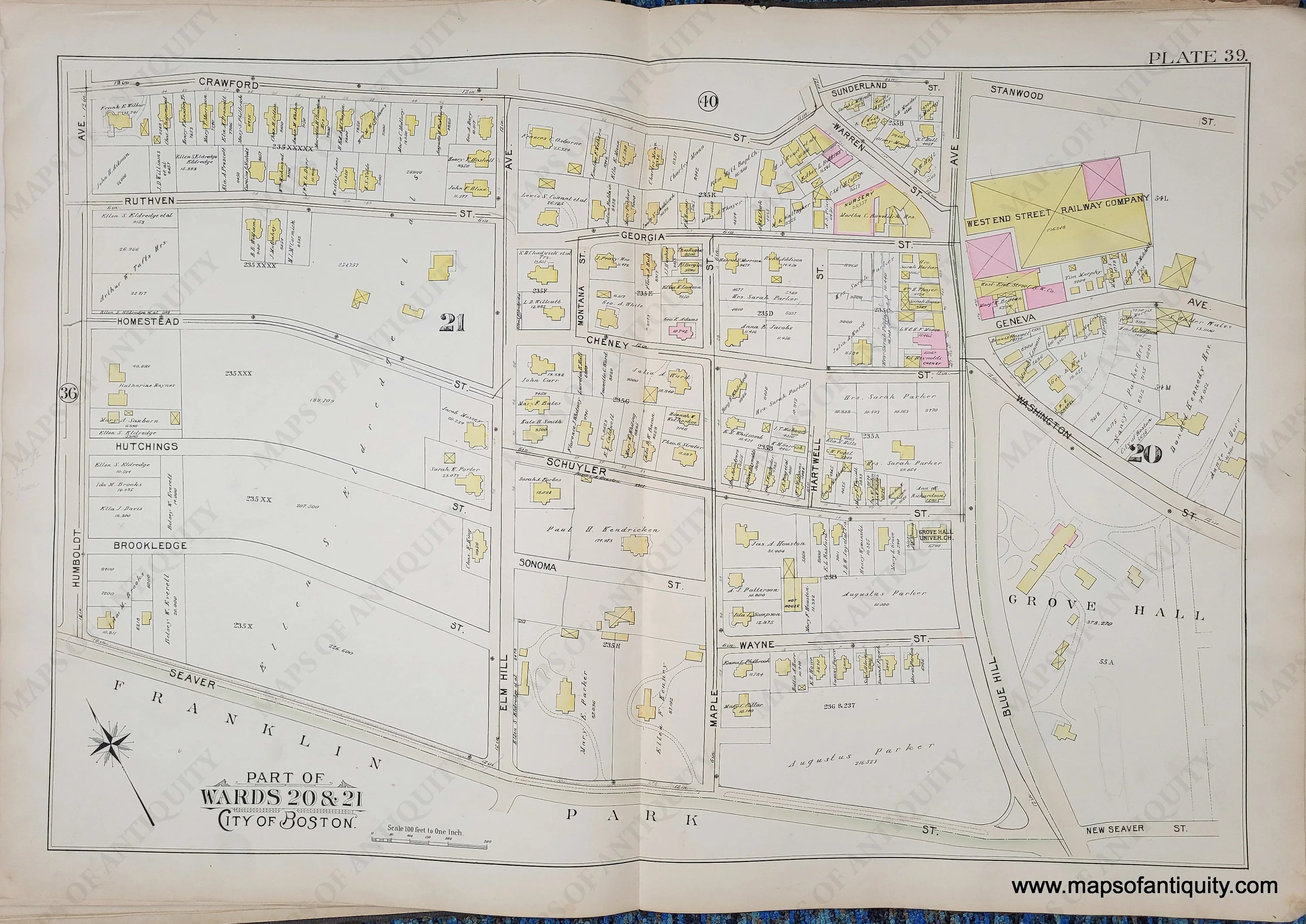 1895 Genuine Antique Map Plate 39: Part of Wards 20 & 21, City of ...