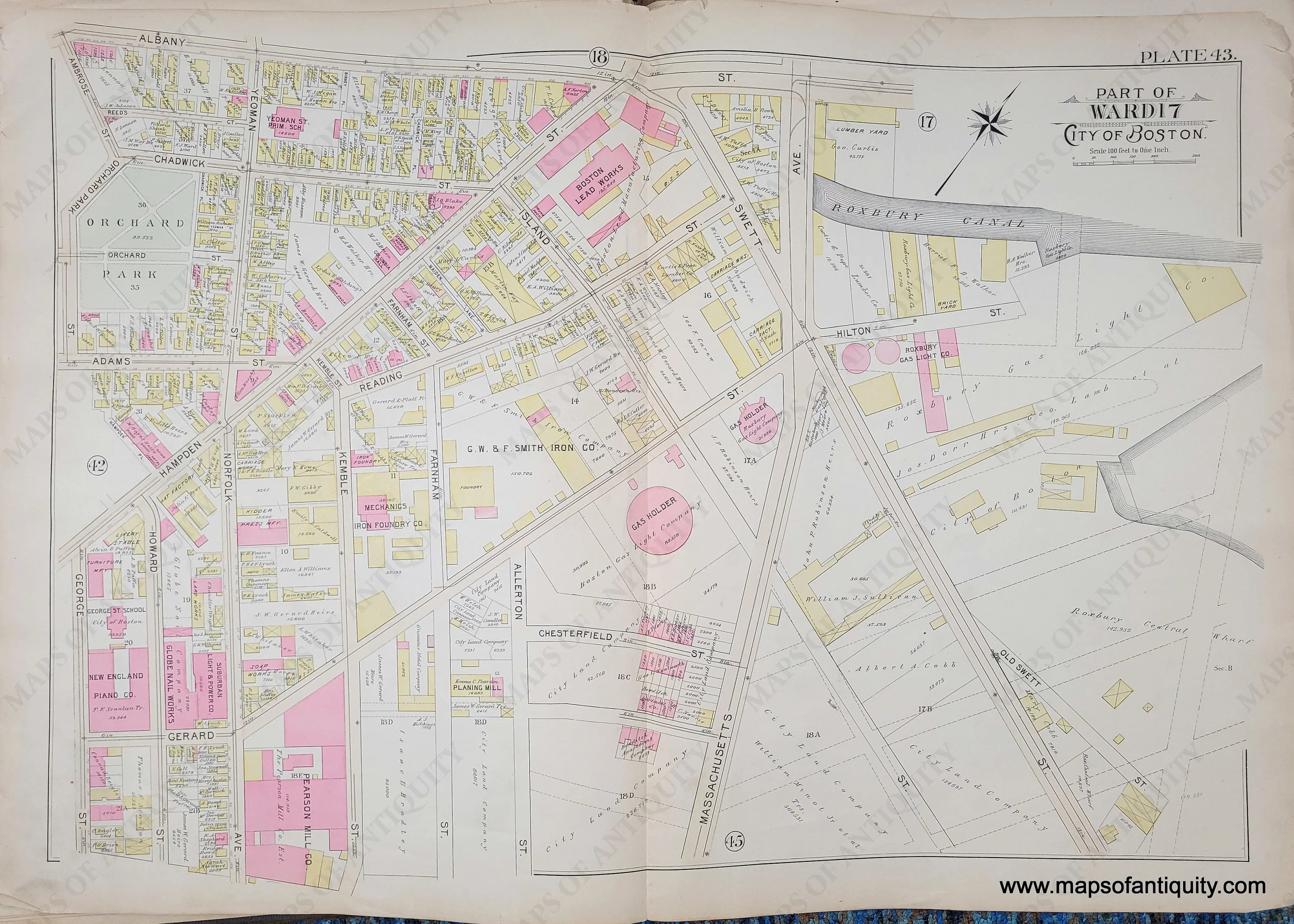 1895 Genuine Antique Map Plate 43: Part of Ward 17, City of Boston ...