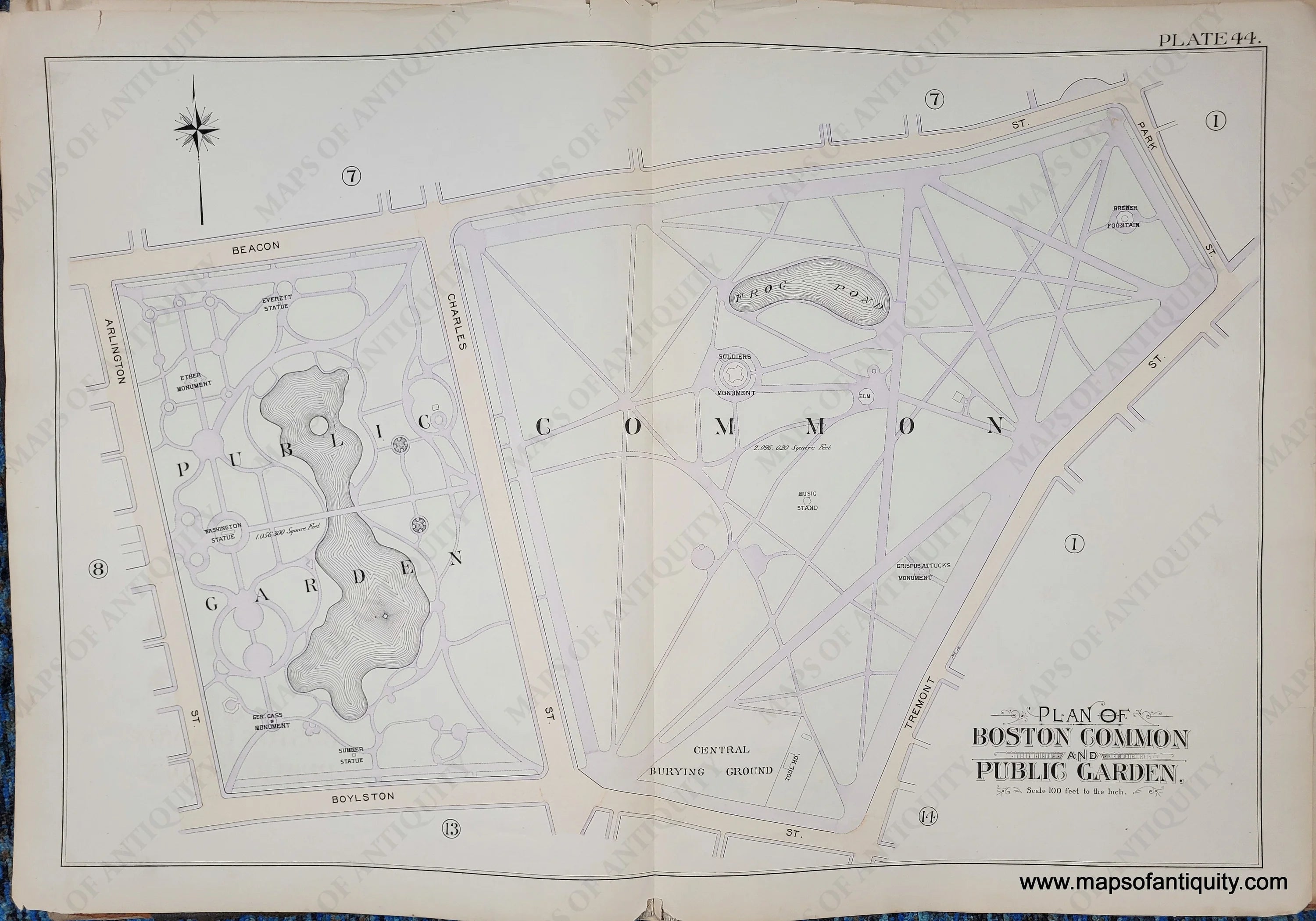 1895 Genuine Antique Map Plate 44: Plan of Boston Common and Public ...