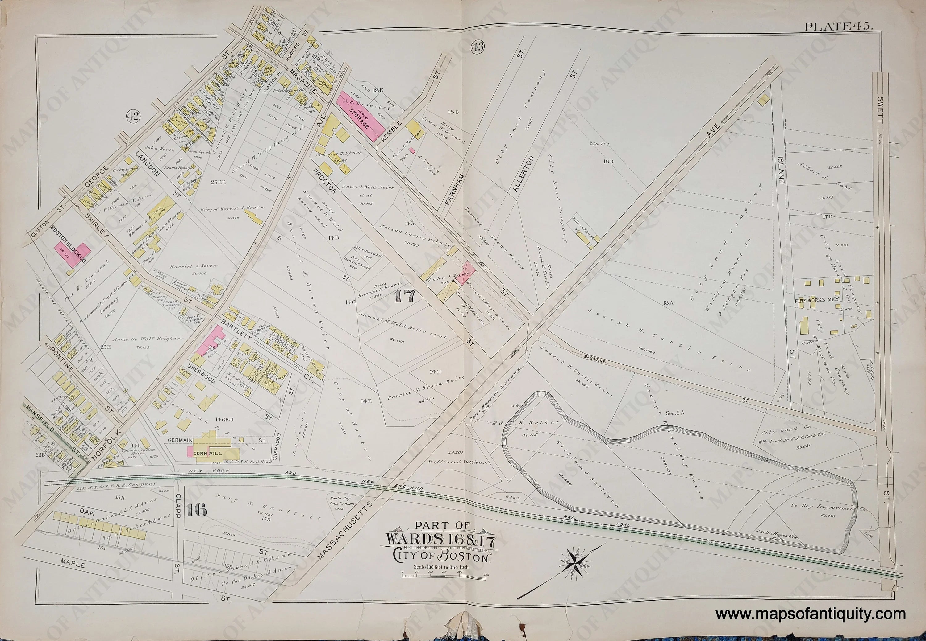 1895 Genuine Antique Map Plate 45: Part of Wards 16 & 17, City of ...