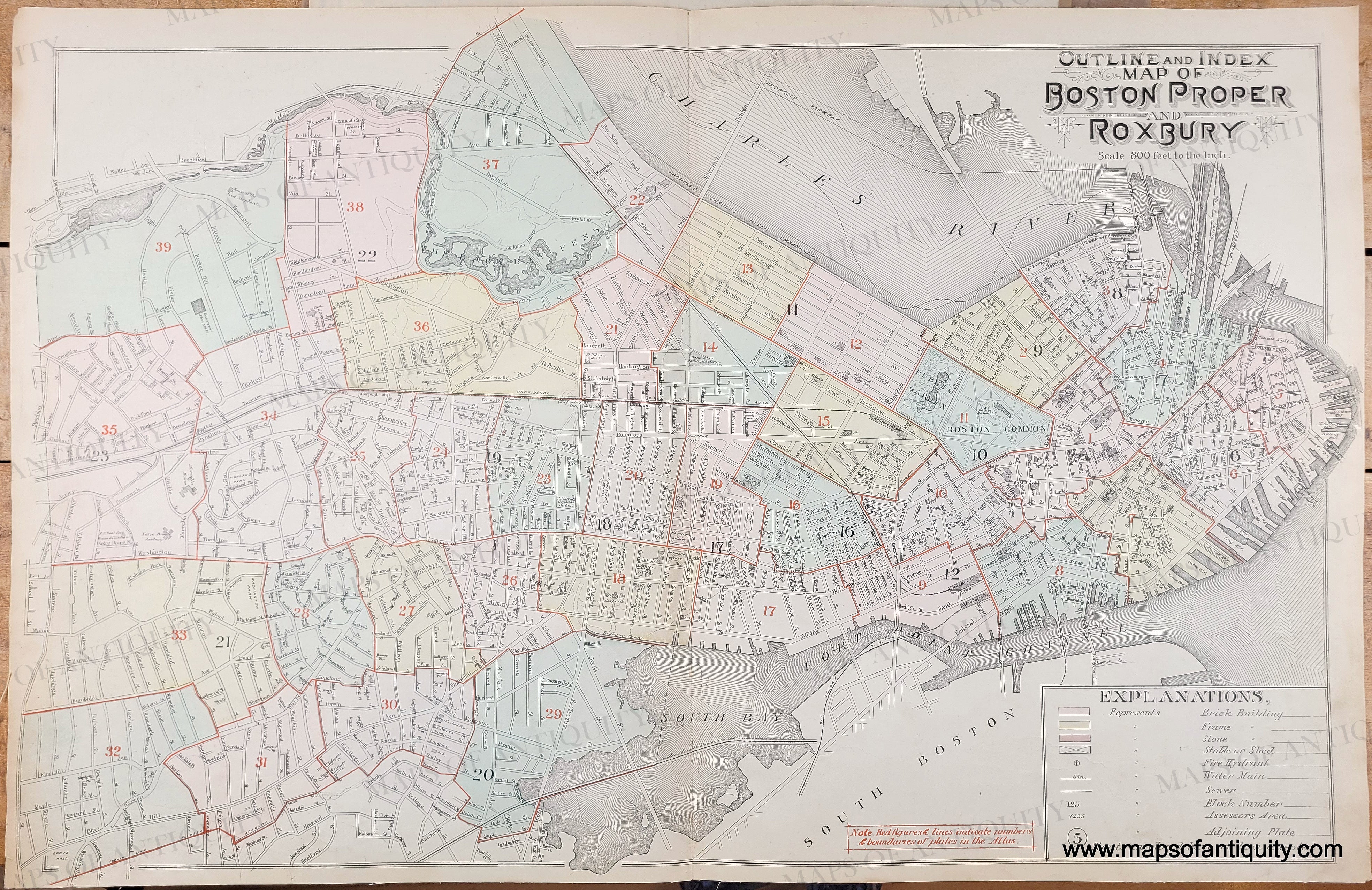 1890 Genuine Antique Map Outline and Index Map of Boston Proper and ...