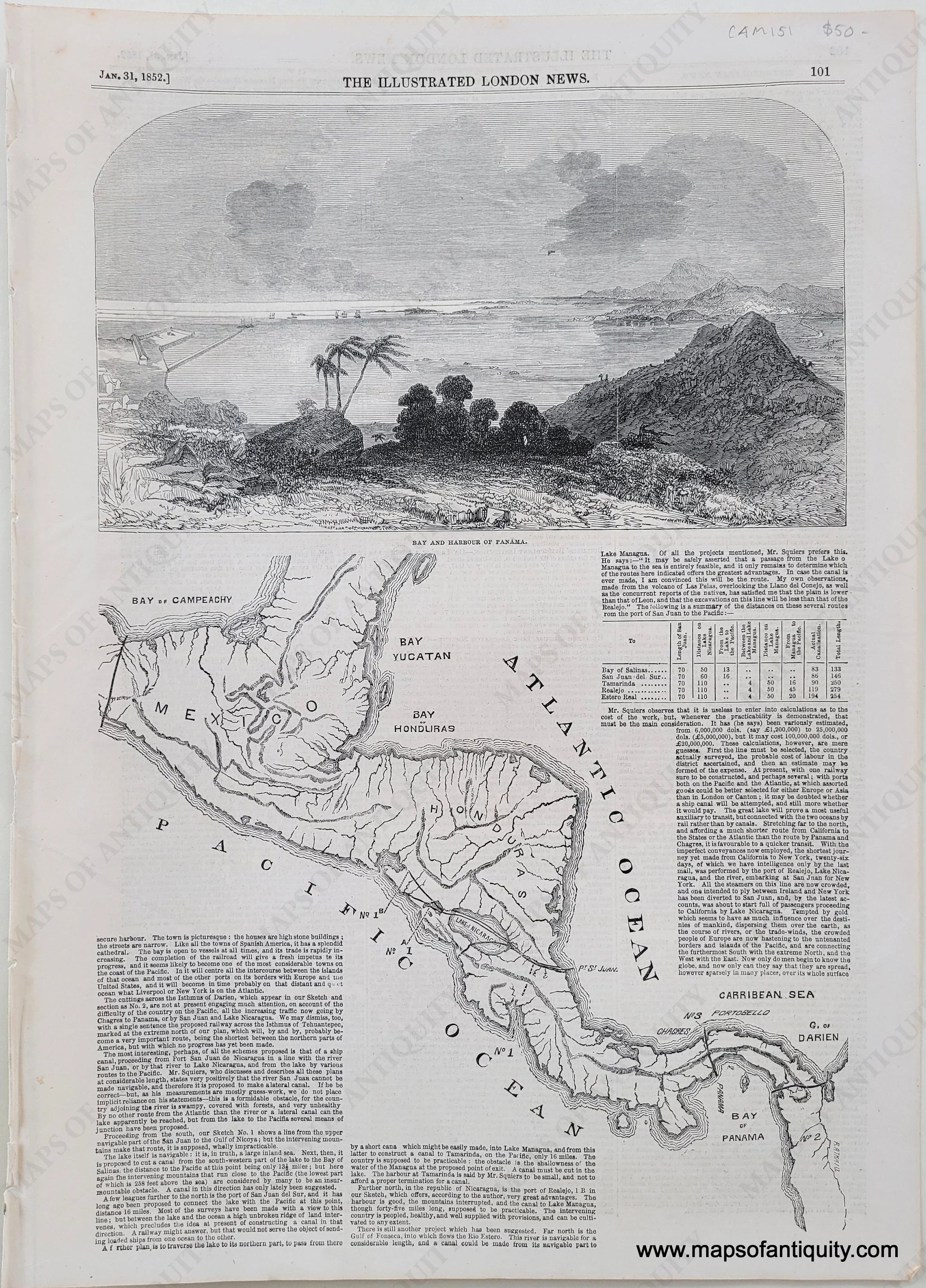 1852 Genuine Antique Map Bay and Harbour of Panama with map of ...