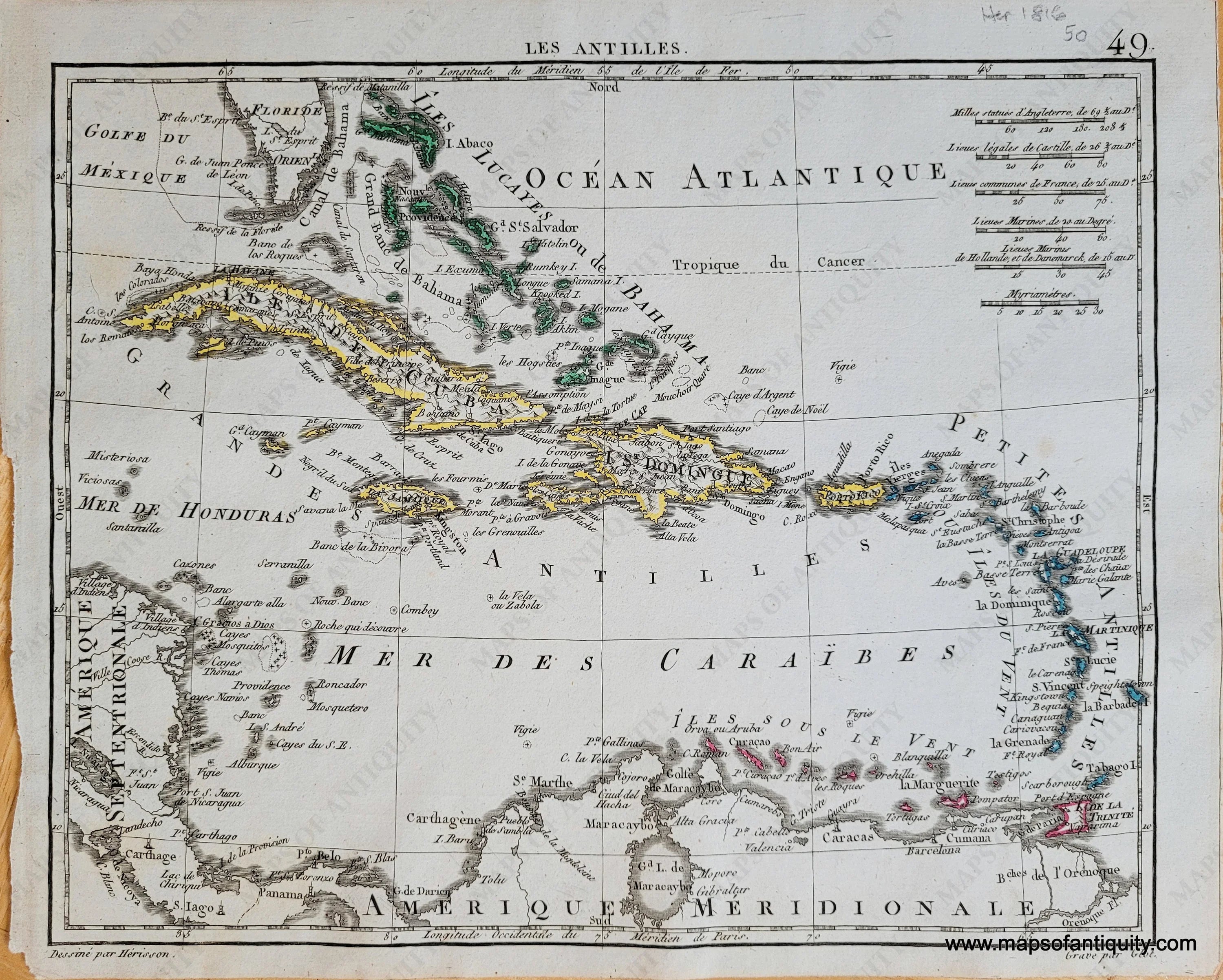 1816 Genuine Antique Map Caribbean - Les Antilles – Maps of Antiquity