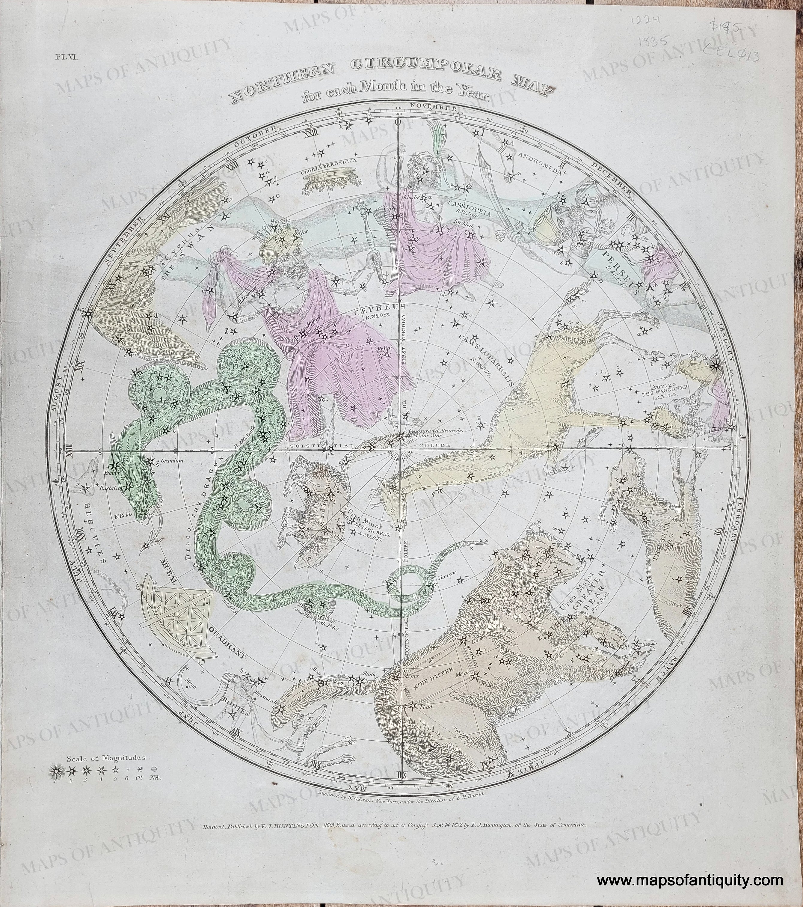 1835 - Northern Circumpolar Map for each Month of the Year - Antique S ...