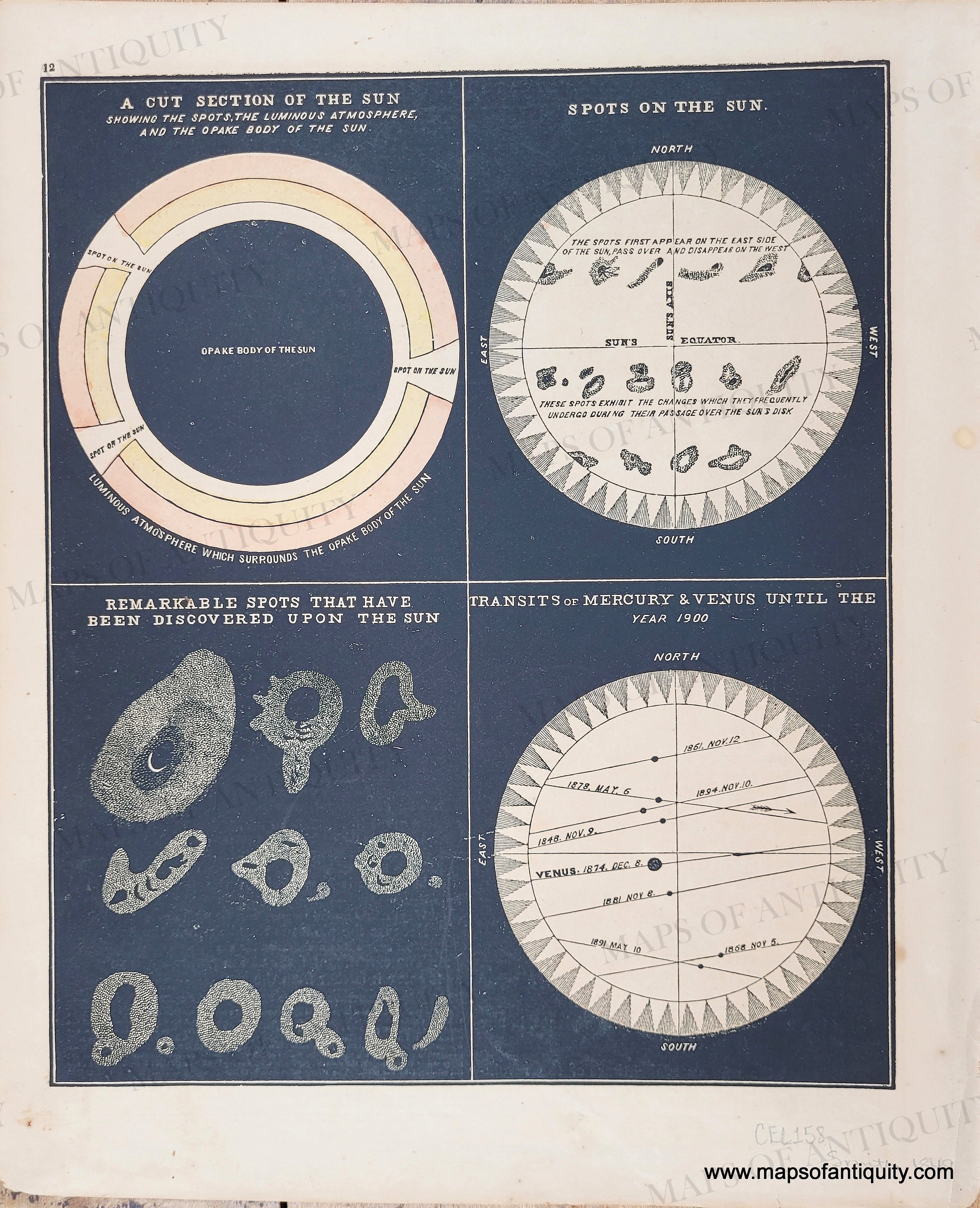 1849 Genuine Antique Print Four Sun/Astronomy Diagrams – Maps of Antiquity