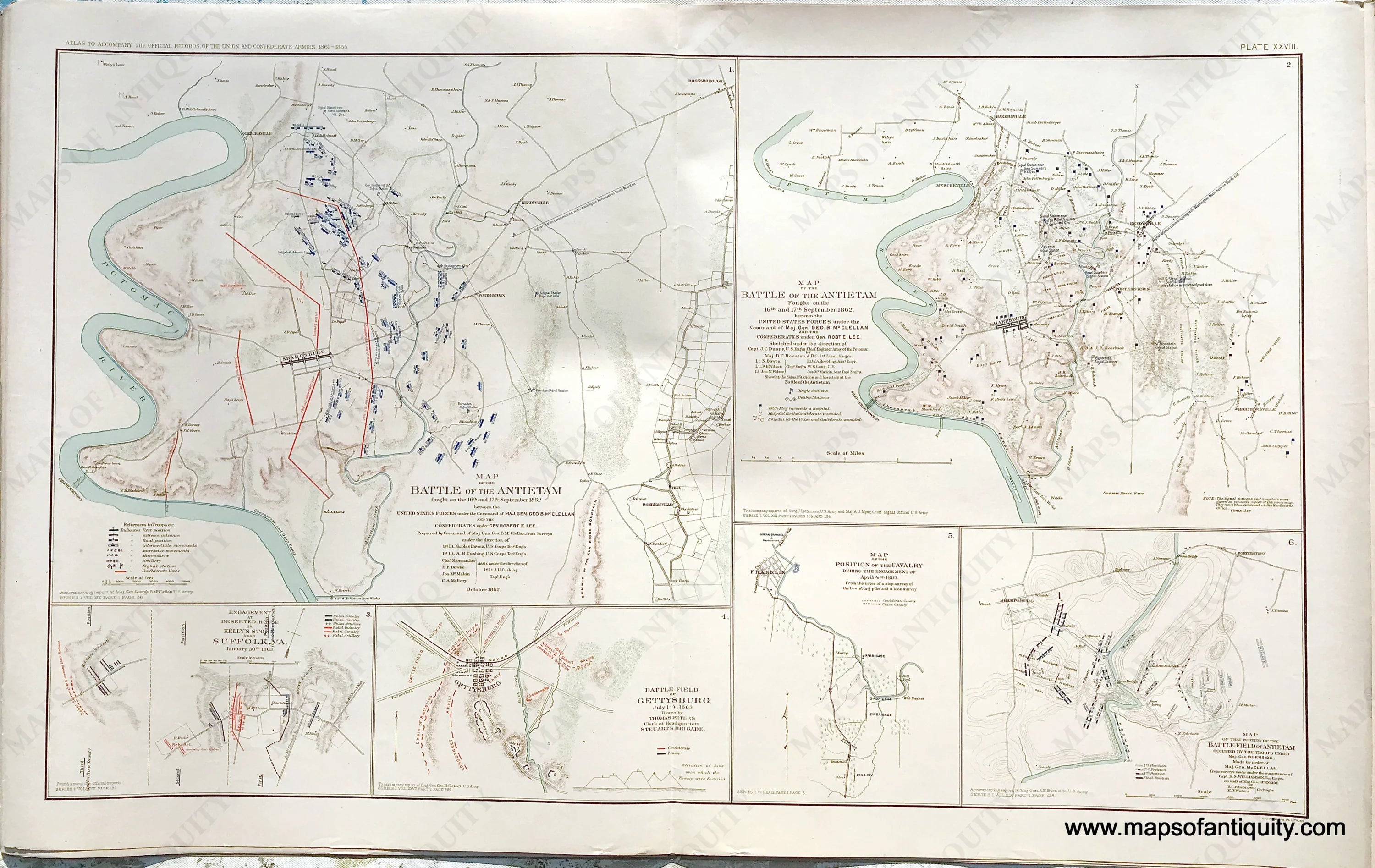 1892 - Plate 28. 6 maps: Three maps showing the Battle of Antietam / E ...