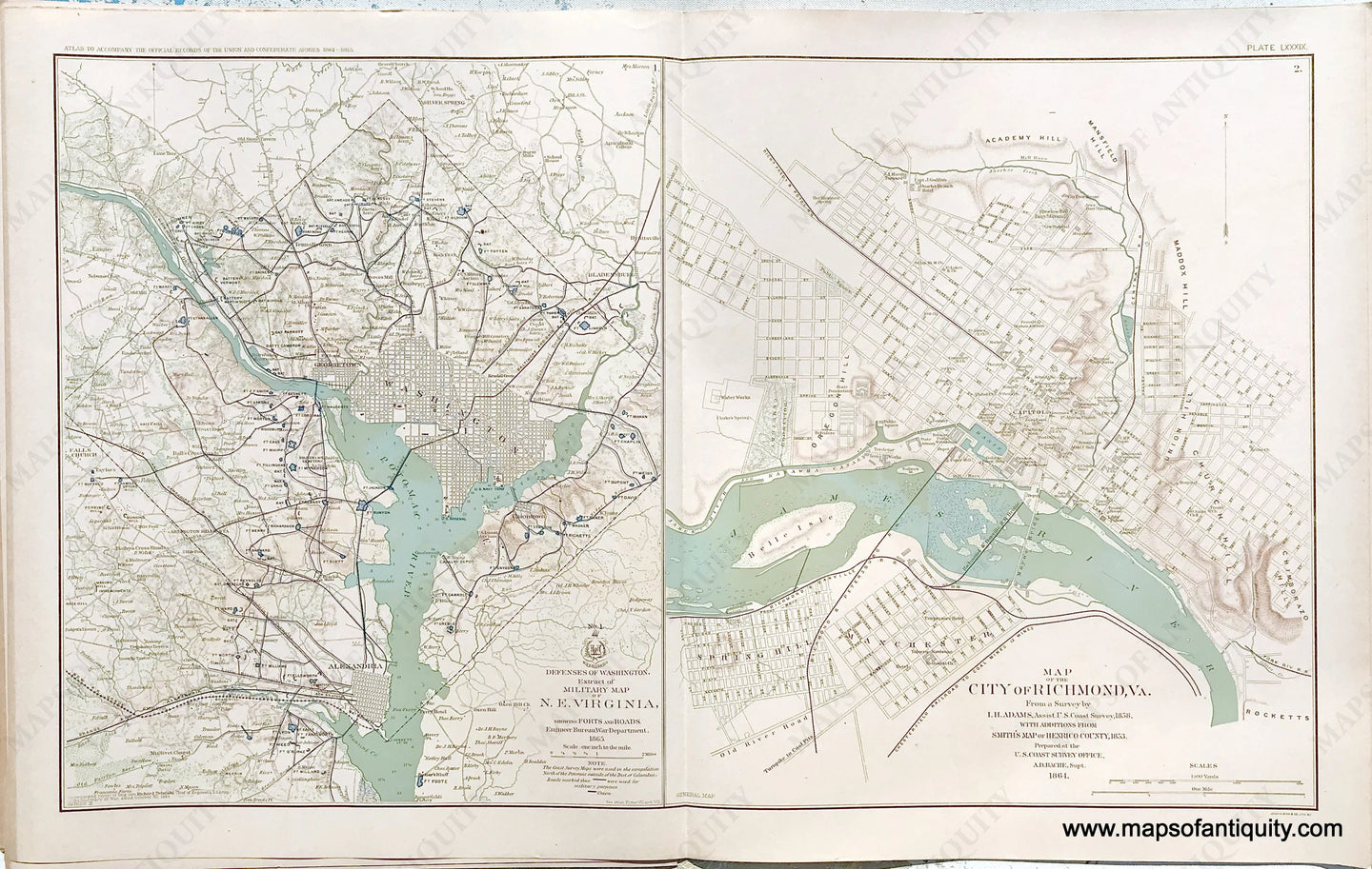 1893 - Plate 89. Defenses of Washington DC showing Forts and Roads / M ...