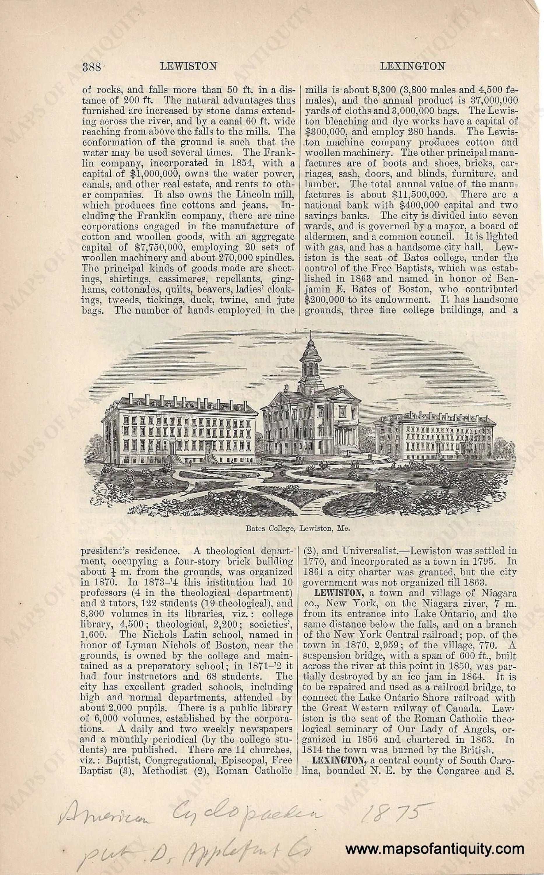 1875 - Bates College, Lewiston, ME - Antique Print – Maps of Antiquity