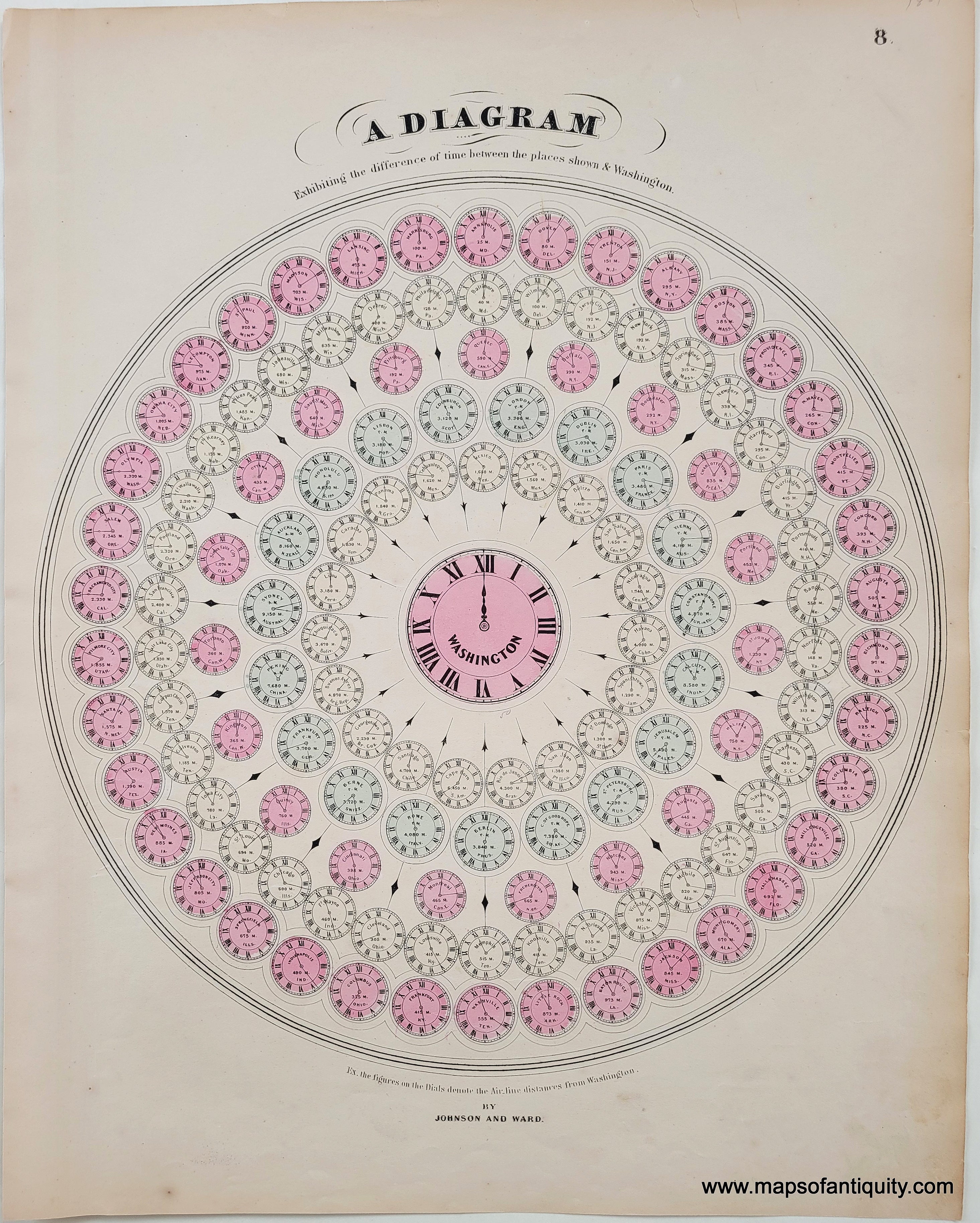 1864 - A Diagram Exhibiting the Difference of Time Between the Places ...