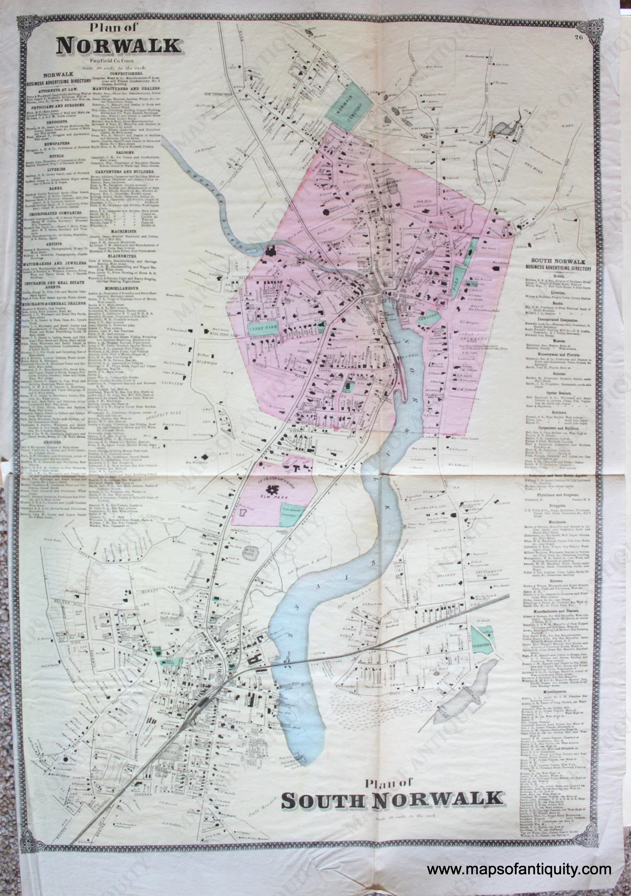 1867 - Plan of Norwalk/South Norwalk (CT) - Antique Map – Maps of Antiquity