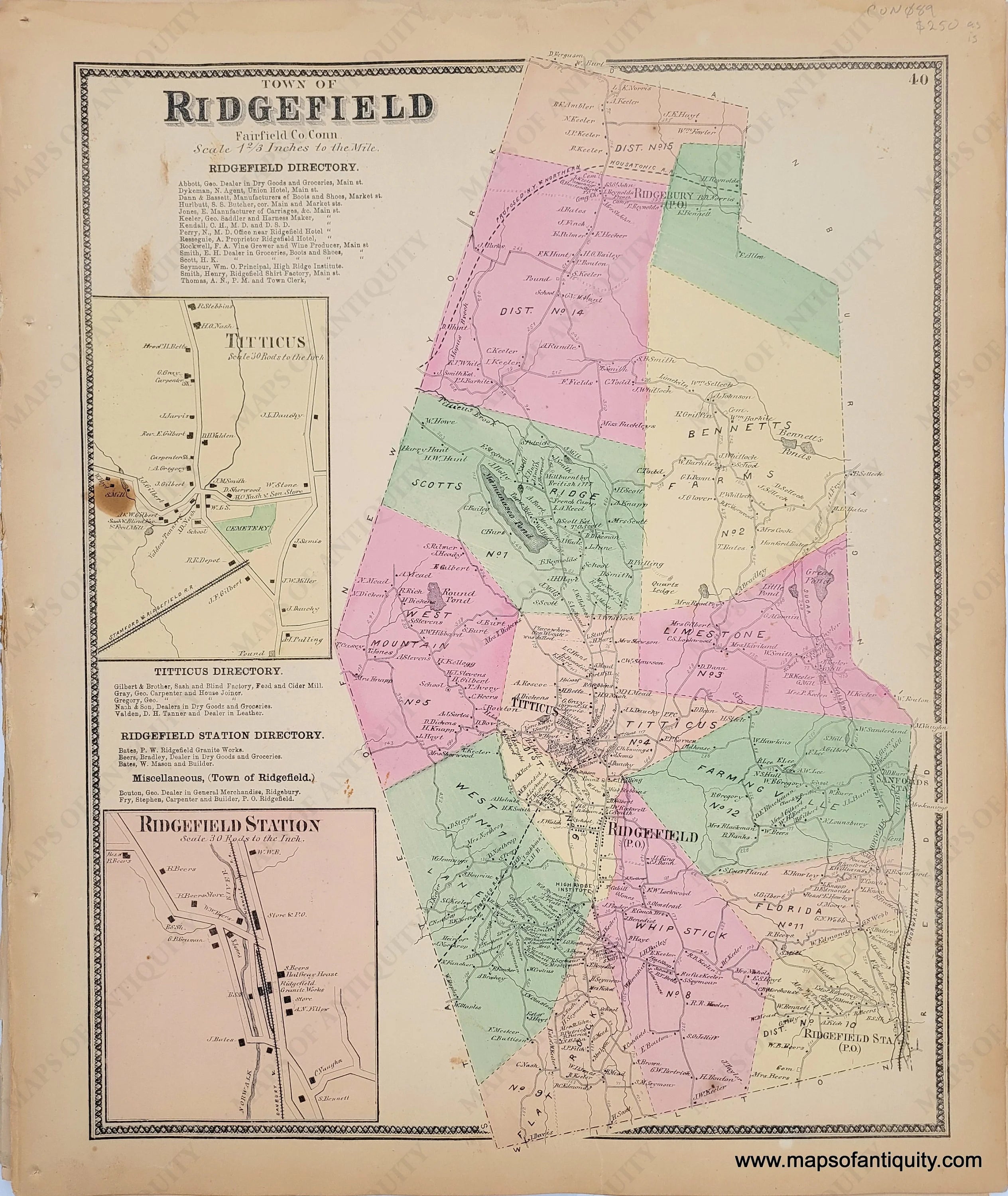 1867 - Town of Ridgefield/Titticus/Ridgefield Station (CT) - Antique M ...