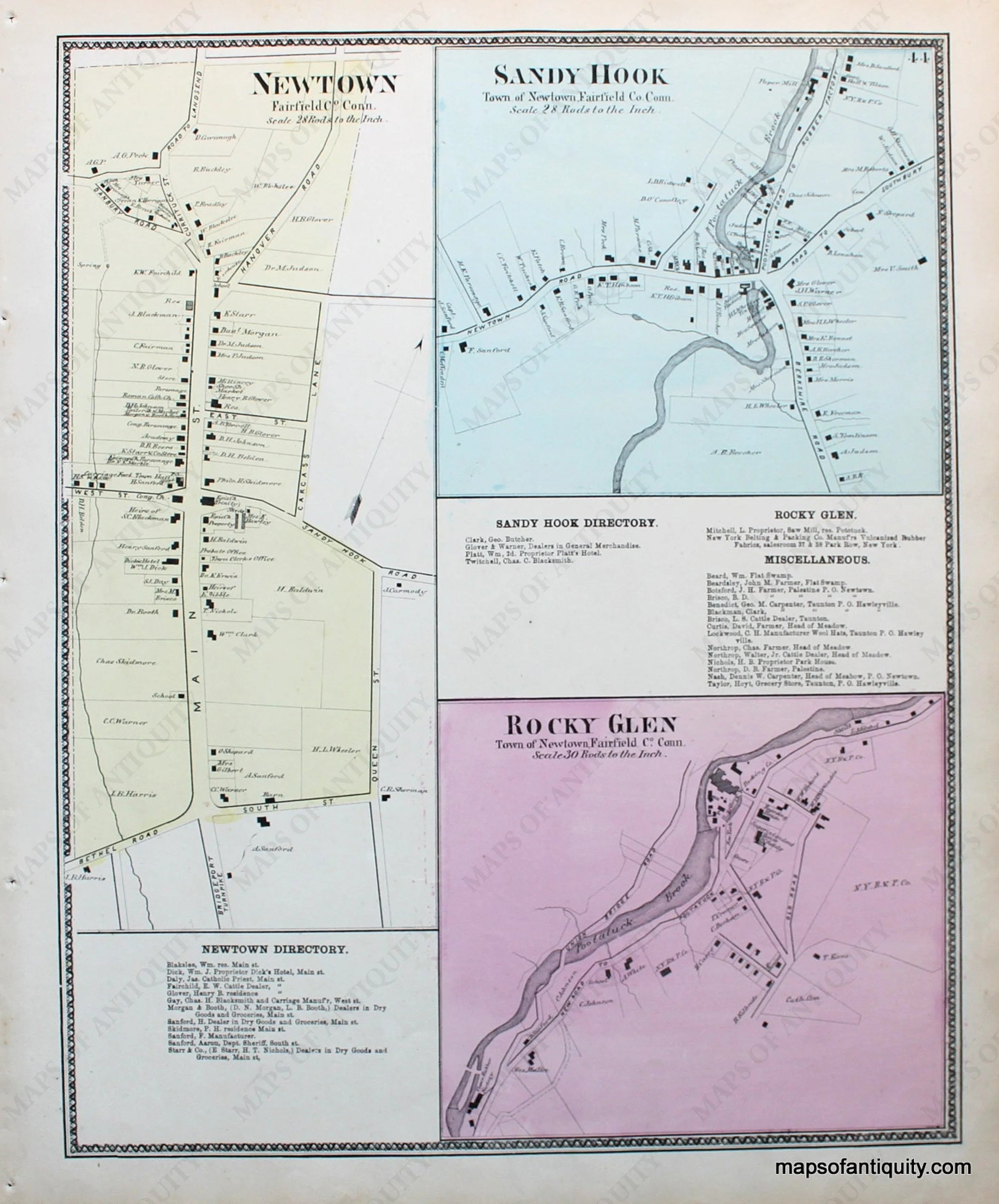 1867 - Newtown/Sandy Hook/Rocky Glen (CT) - Antique Map – Maps of Antiquity