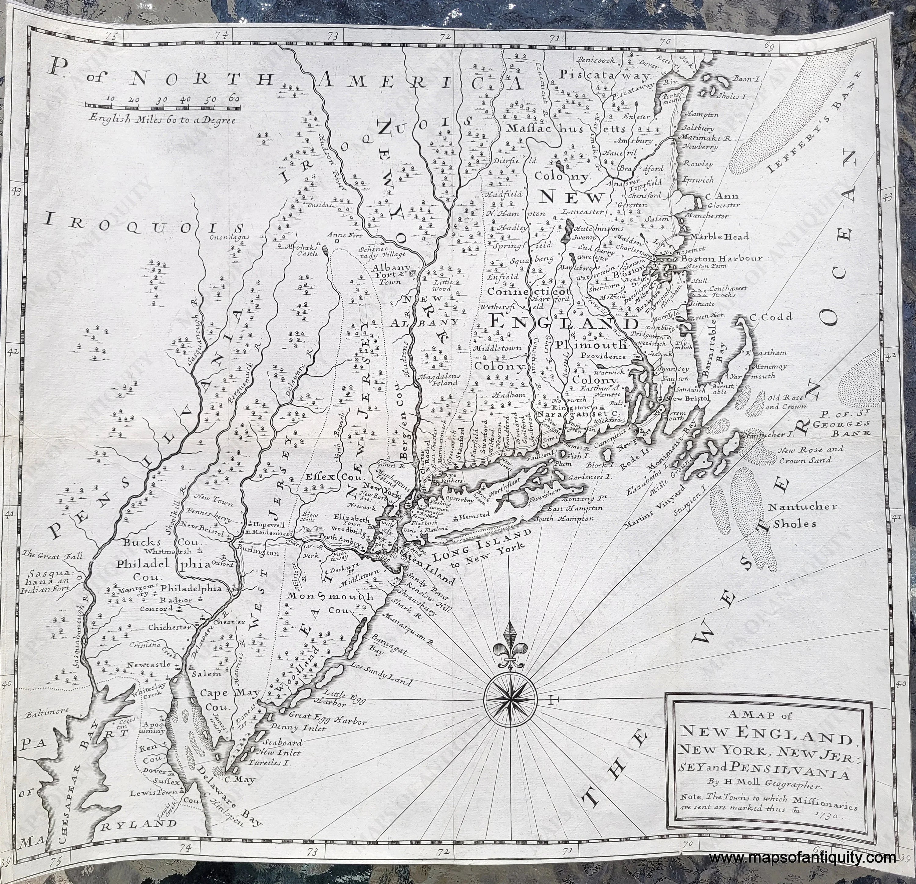 1730 Antique Map A Map of New England, New York, New Jersey and ...