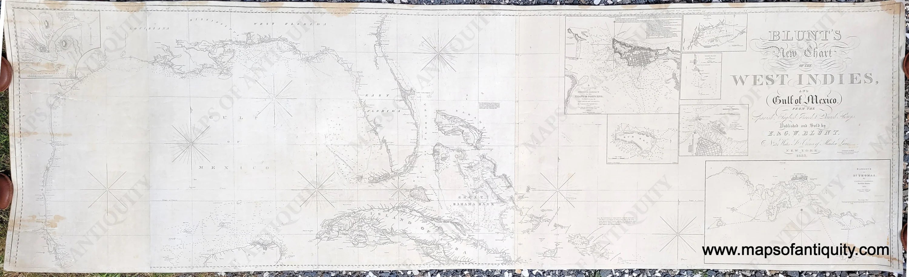 1832/1837 Genuine Antique Nautical Chart Blunt's New Chart of the West Indies and the Gulf of ...
