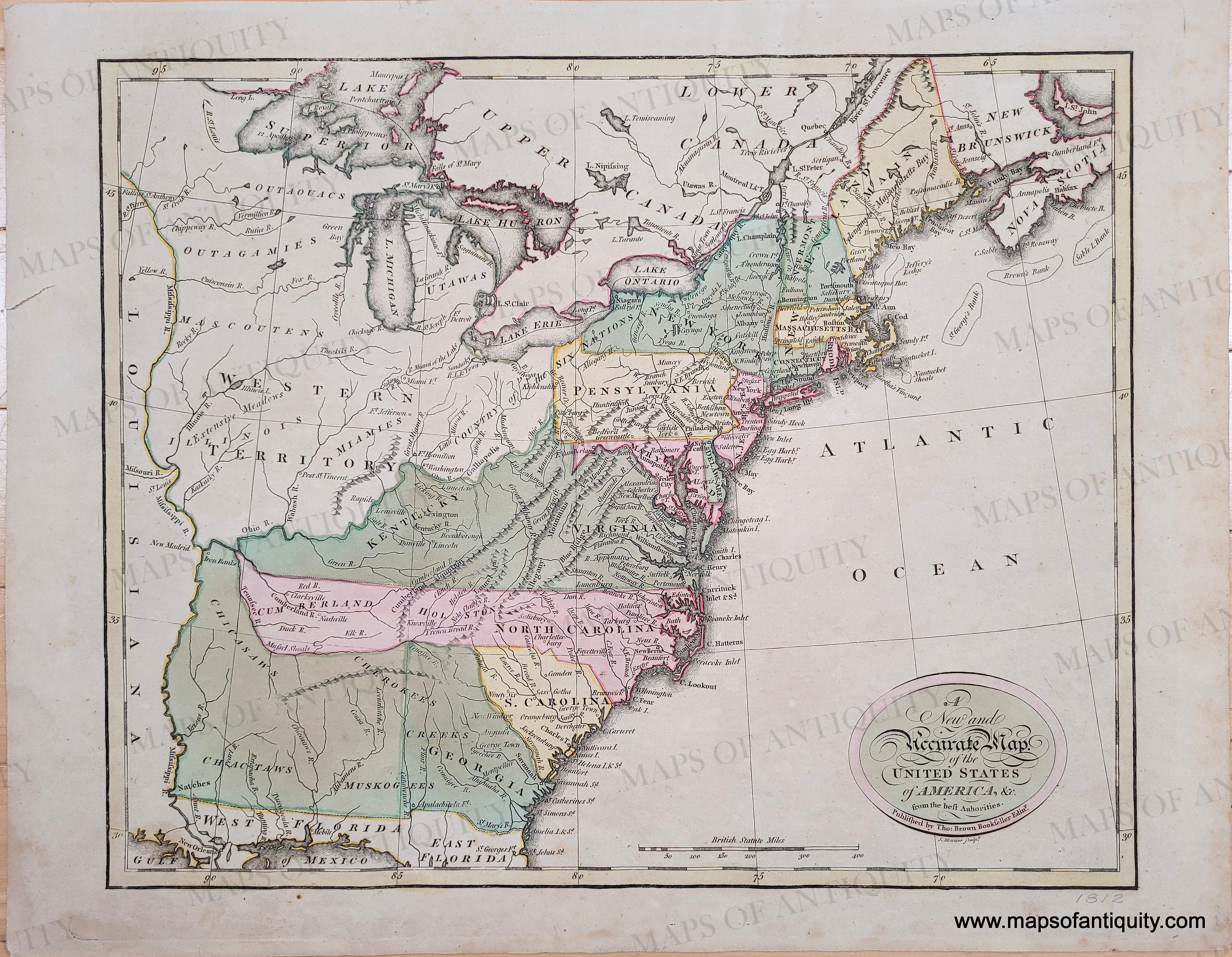 1812 Genuine Antique Map A New and Accurate Map of the United States of ...