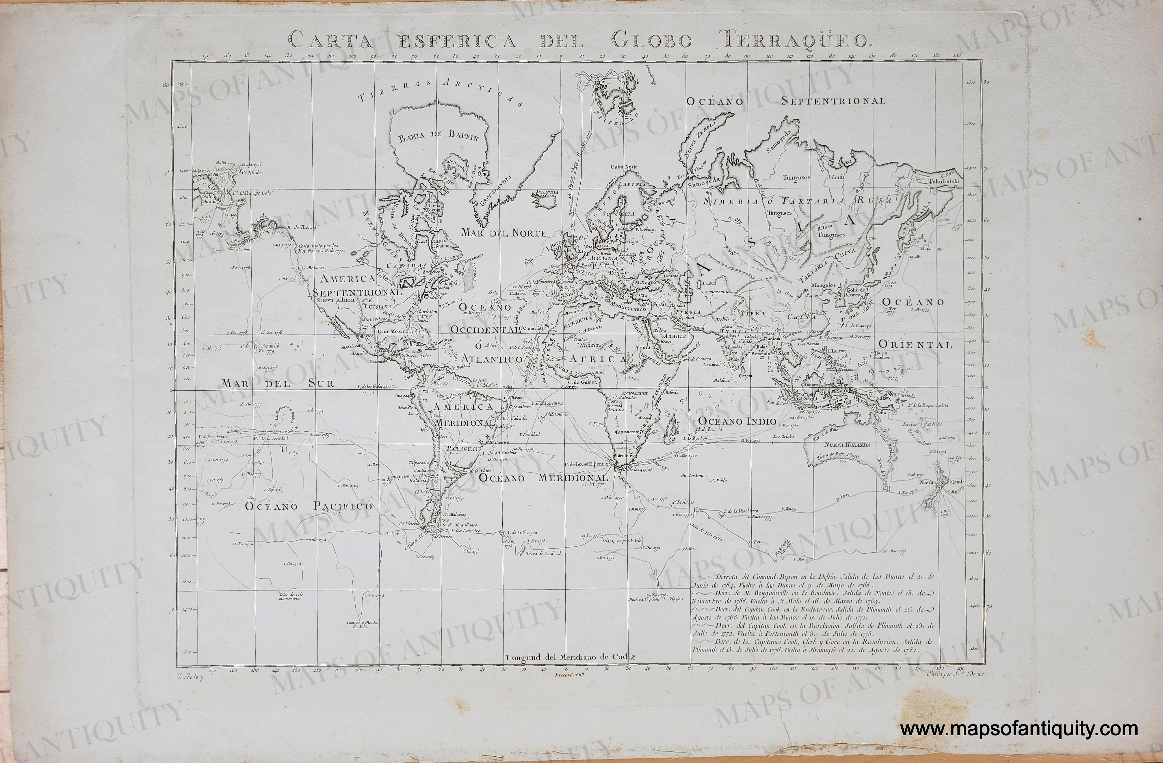 1810 Genuine Antique Map World - Carta Esferica del Globo Terraqueo ...