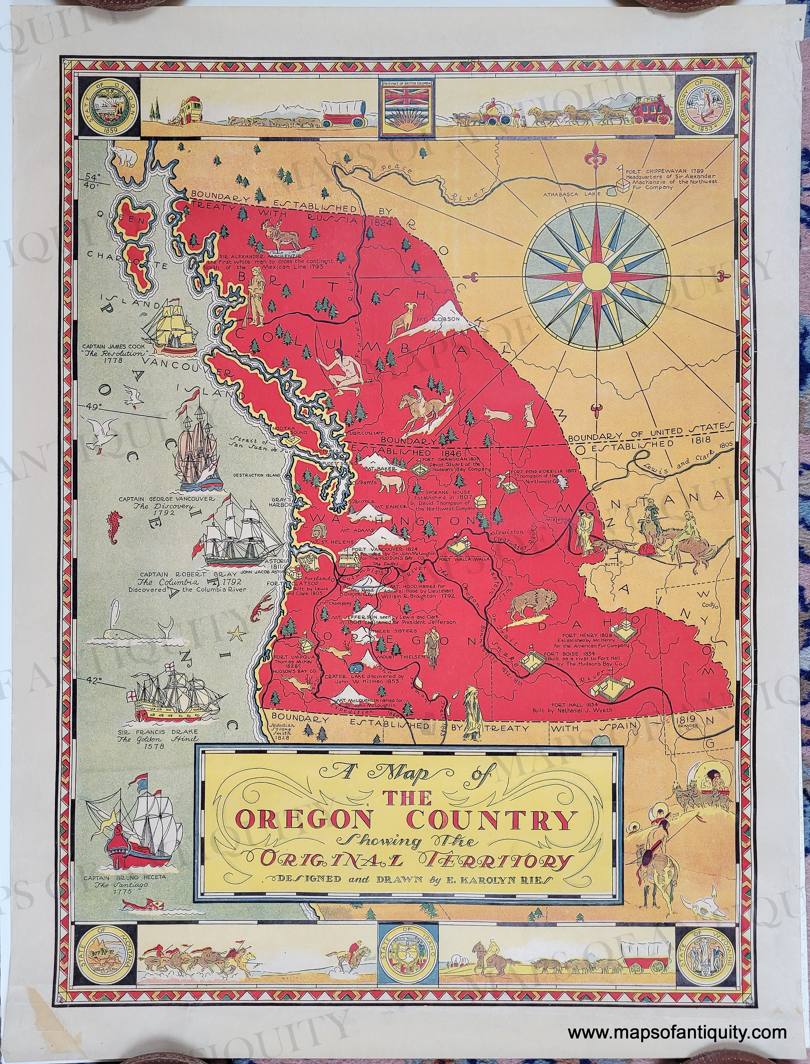 1930s Genuine Antique Map A Map of the Oregon Country showing the ...