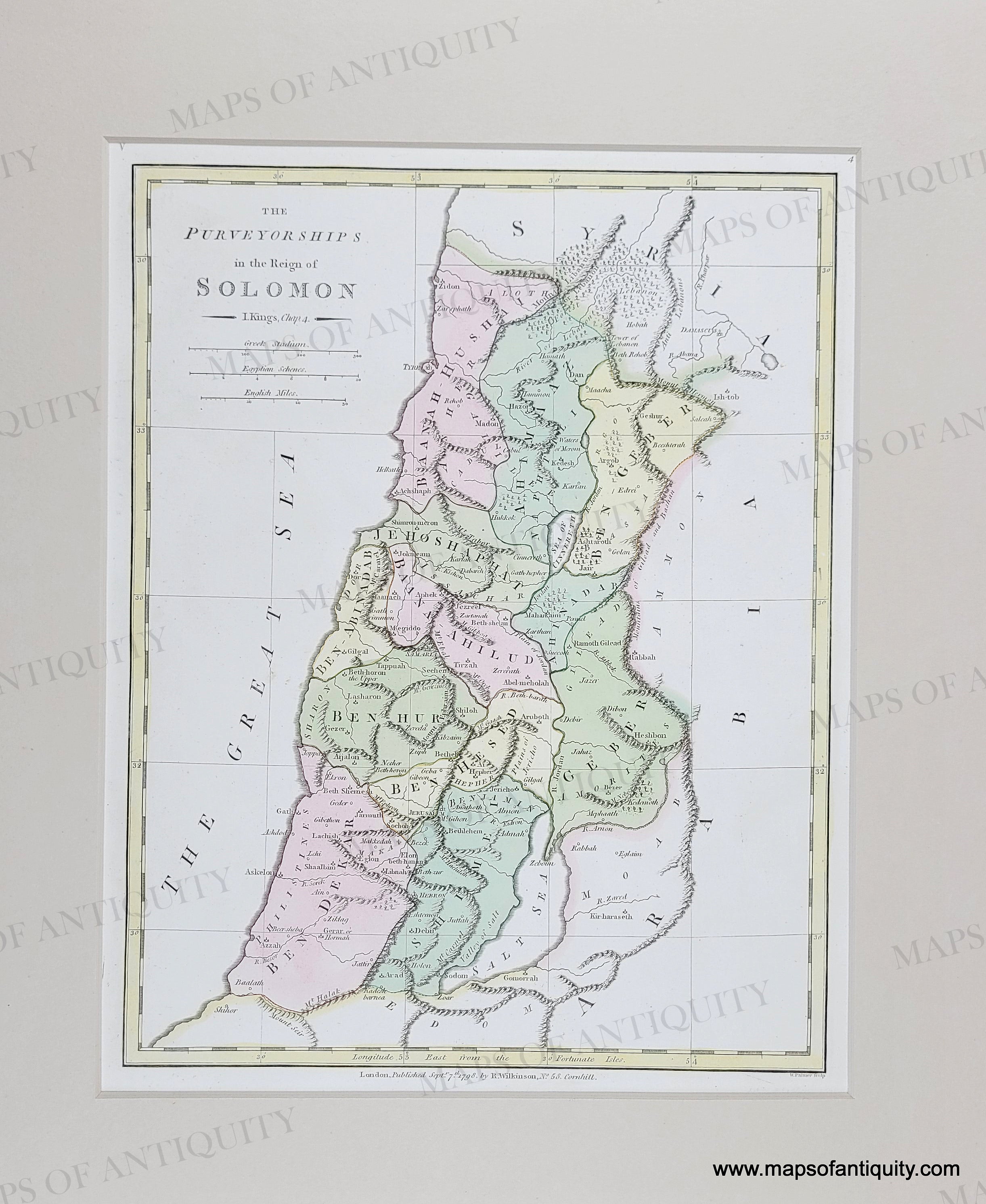 1798 Genuine Antique Map The Purveyorships in the Reign of Solomon ...