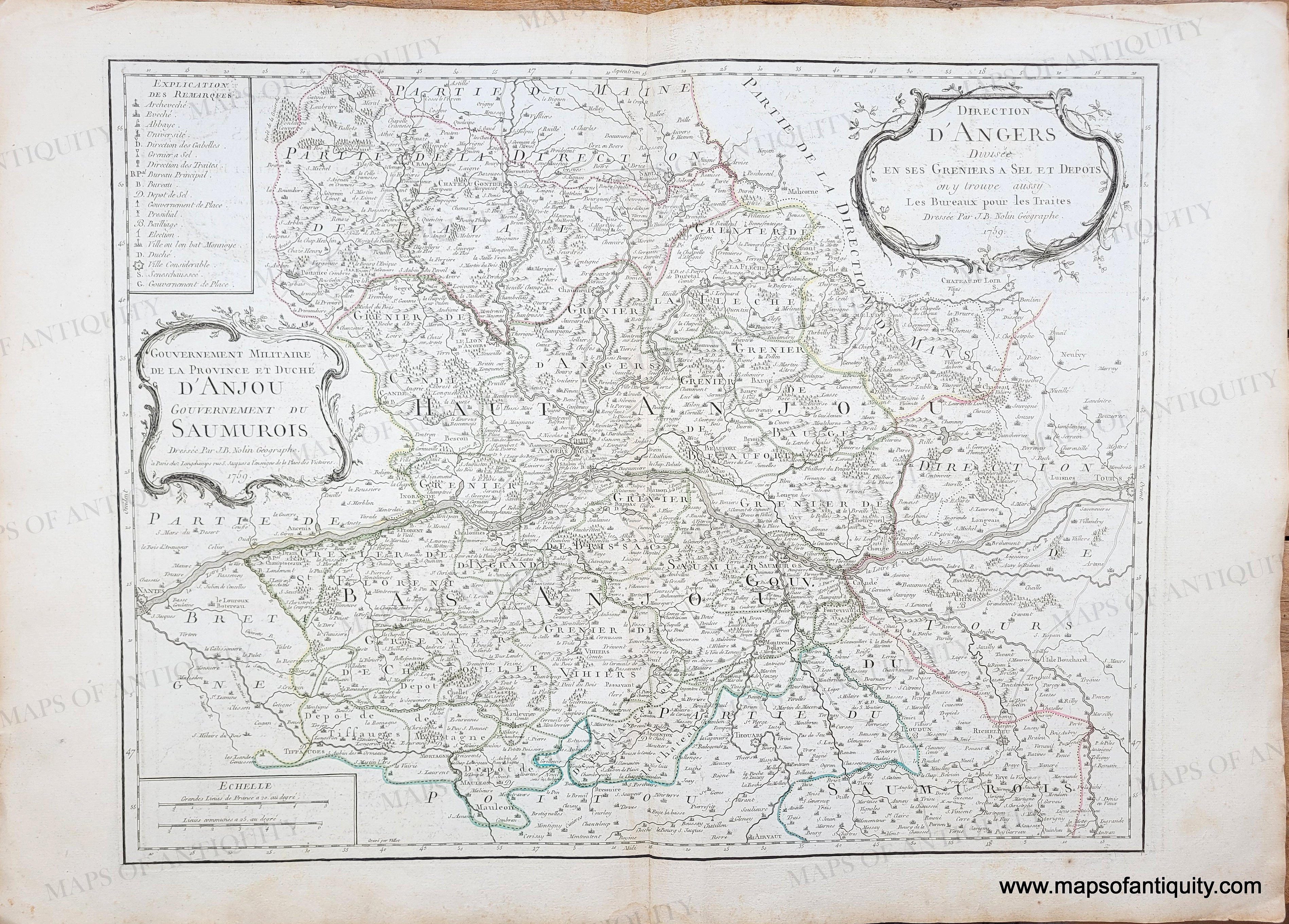 1775 Genuine Antique Map Anjou France - Gouvernement Militairede la ...