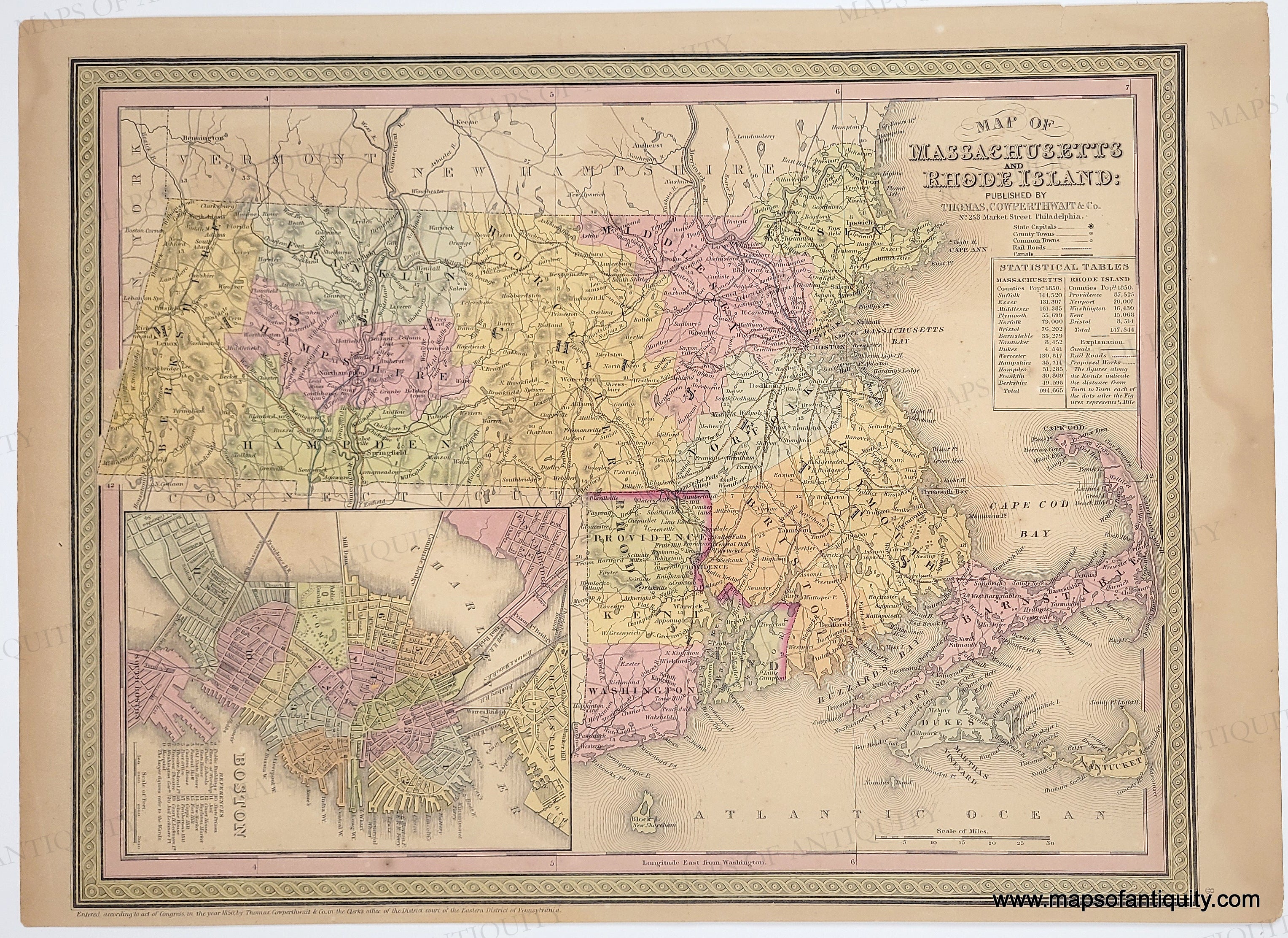 1850 - Map of Massachusetts and Rhode Island - Antique Map – Maps of ...