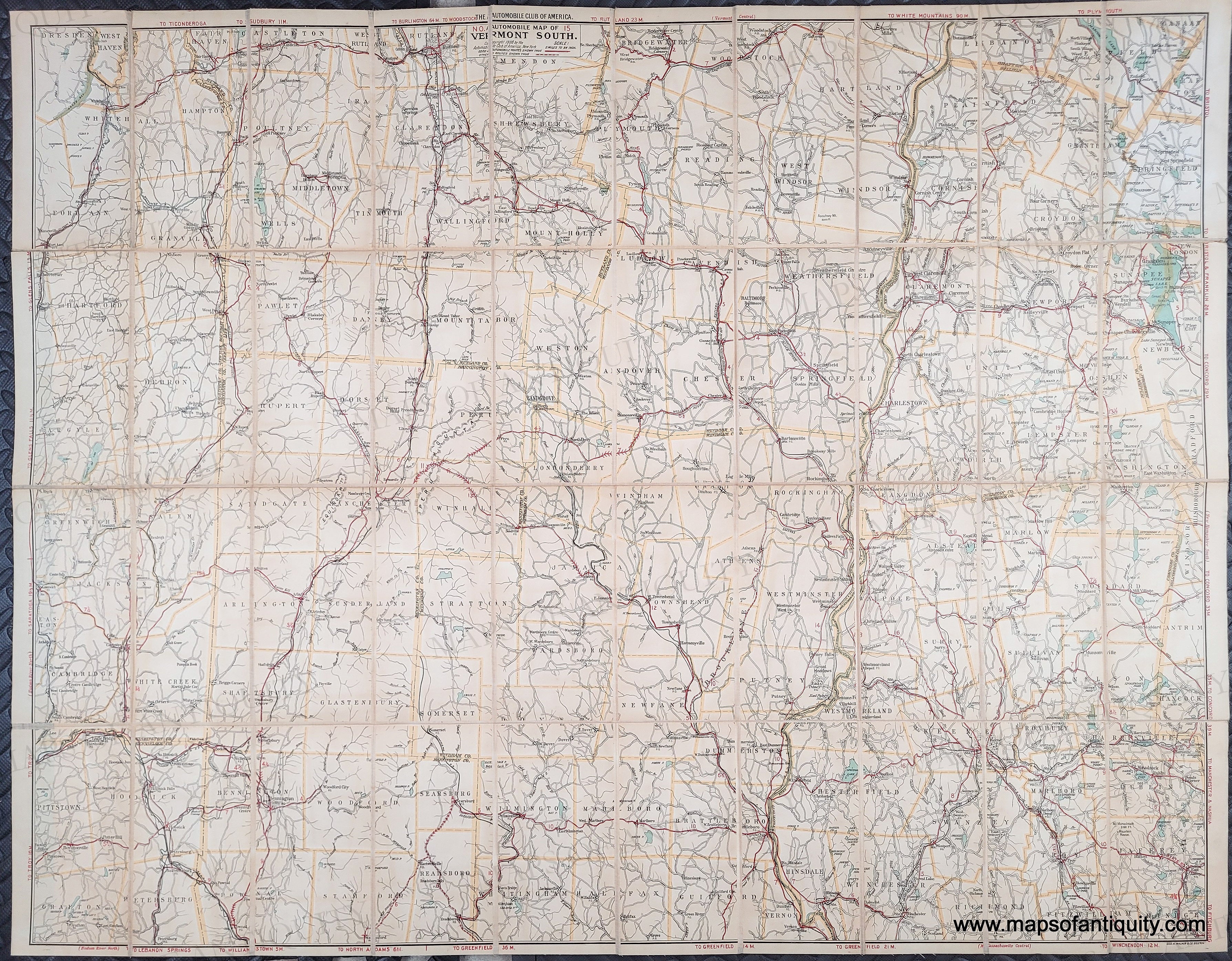 1908 - Automobile Map of Vermont South (No. 15) - Genuine Antique Map ...