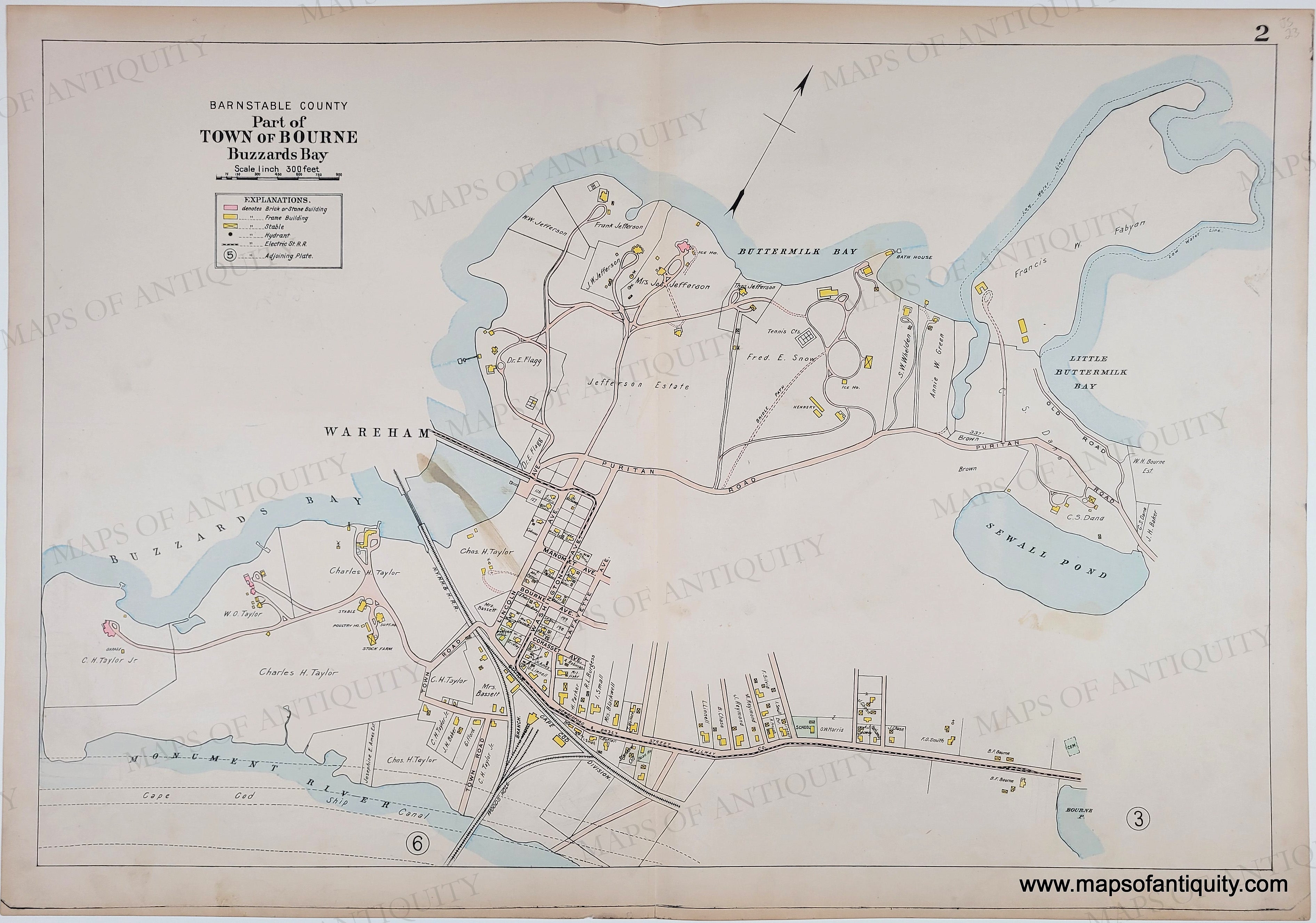 1910 - Plate 2. Part of Town of Bourne, Buzzards Bay - Genuine Antique ...
