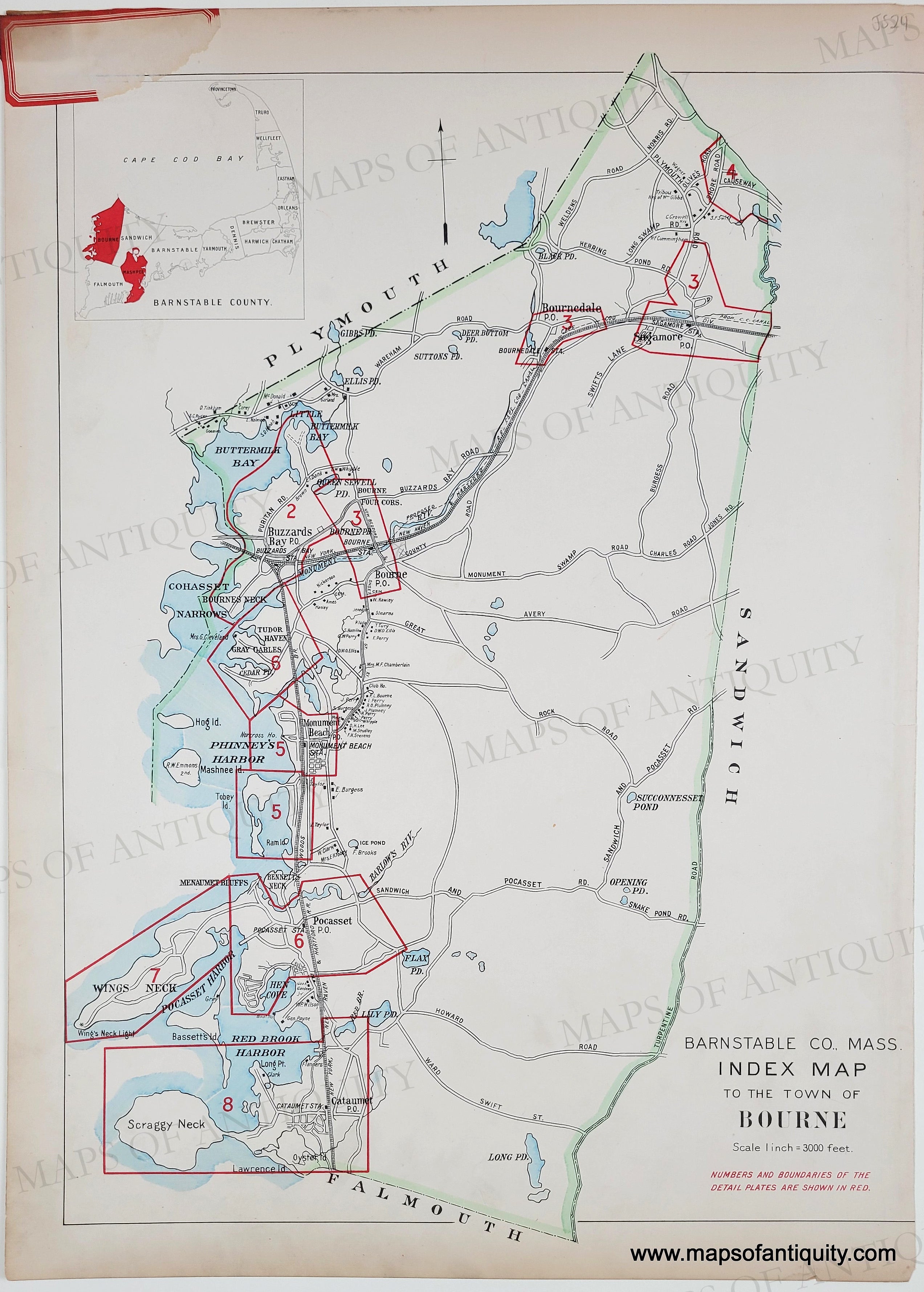 1910 - Plate 1. Index map to the Town of Bourne - Genuine Antique Map ...