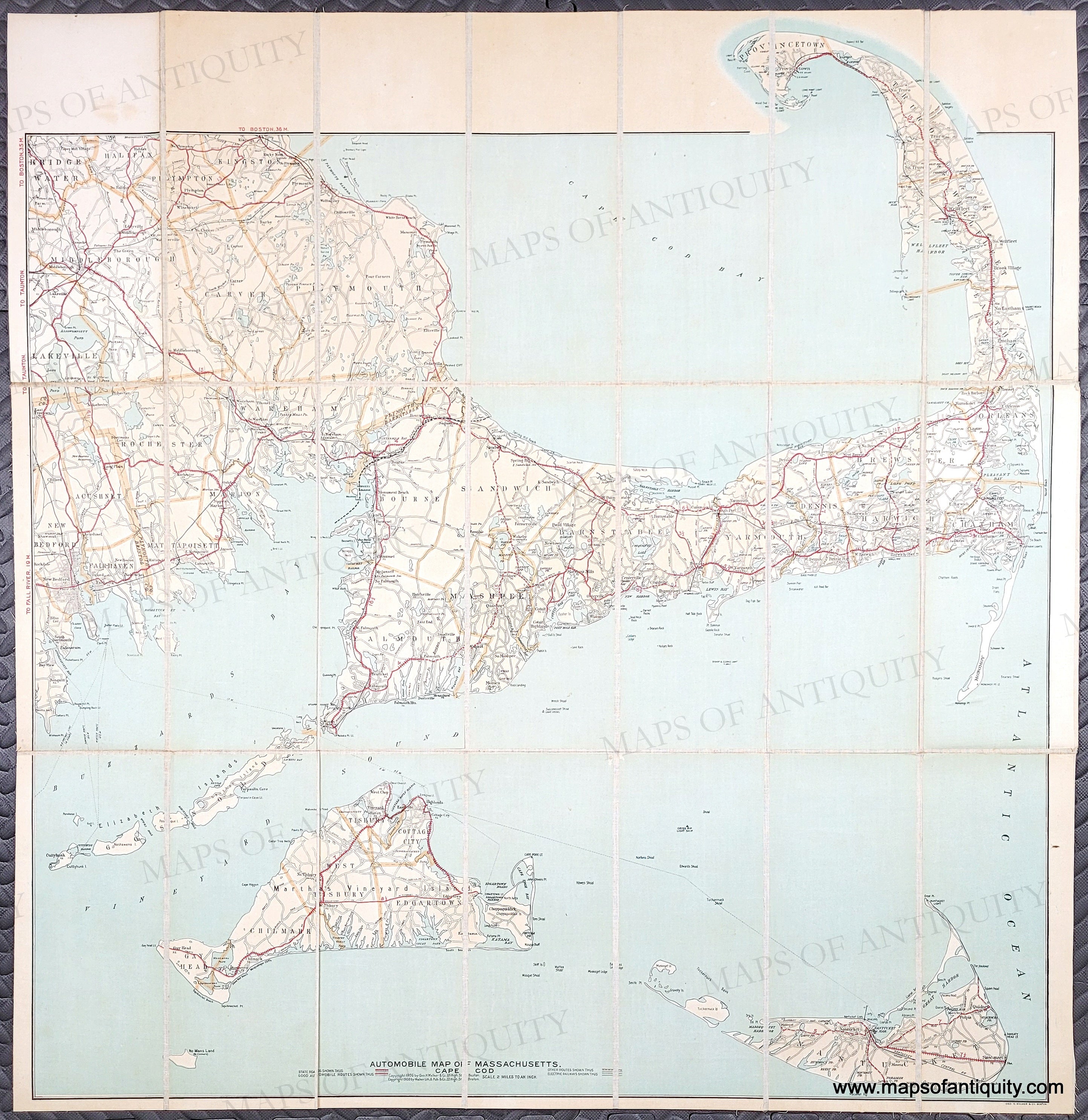1908 - Automobile Map of Massachusetts, Cape Cod section - Genuine Ant ...