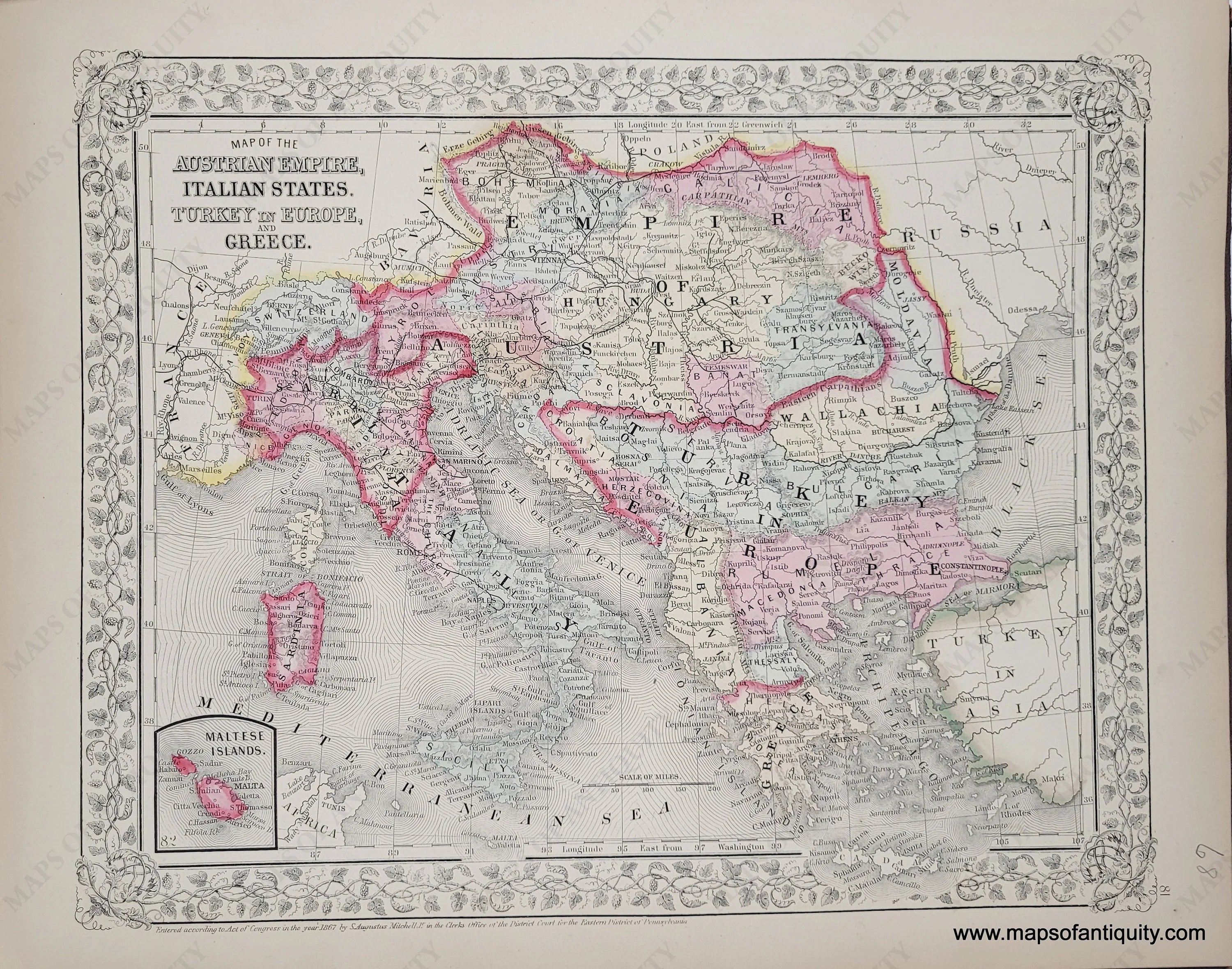 1868 - Map of the Austrian Empire, Italian States, Turkey in Europe, a ...
