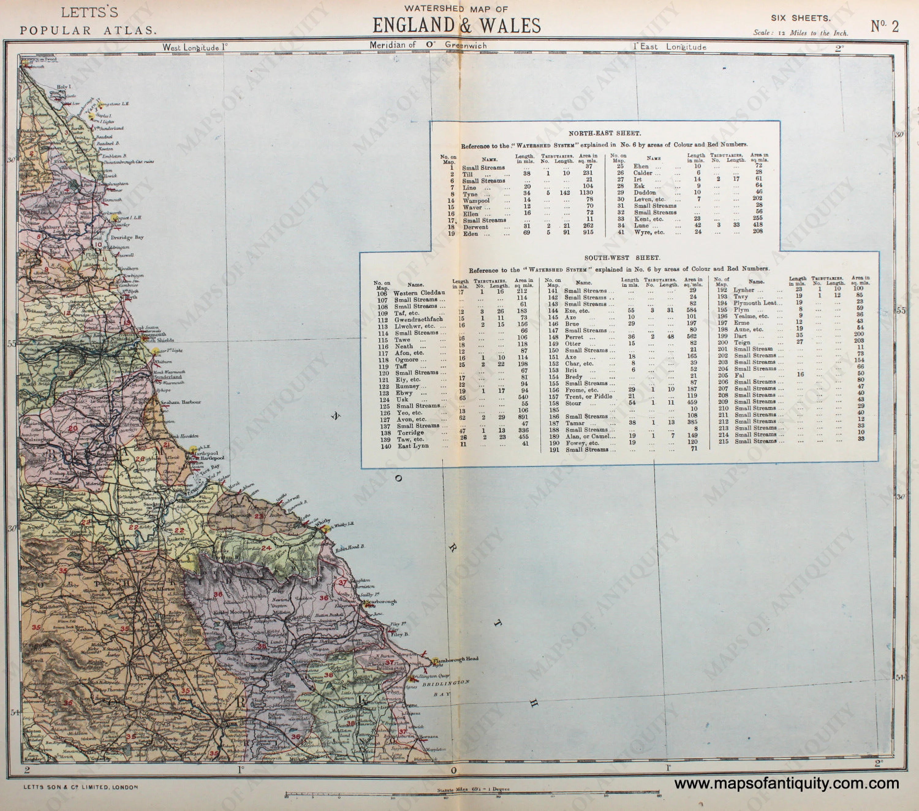 1883 - Watershed Map of England and Wales, Sheet Two of Six - Antique ...