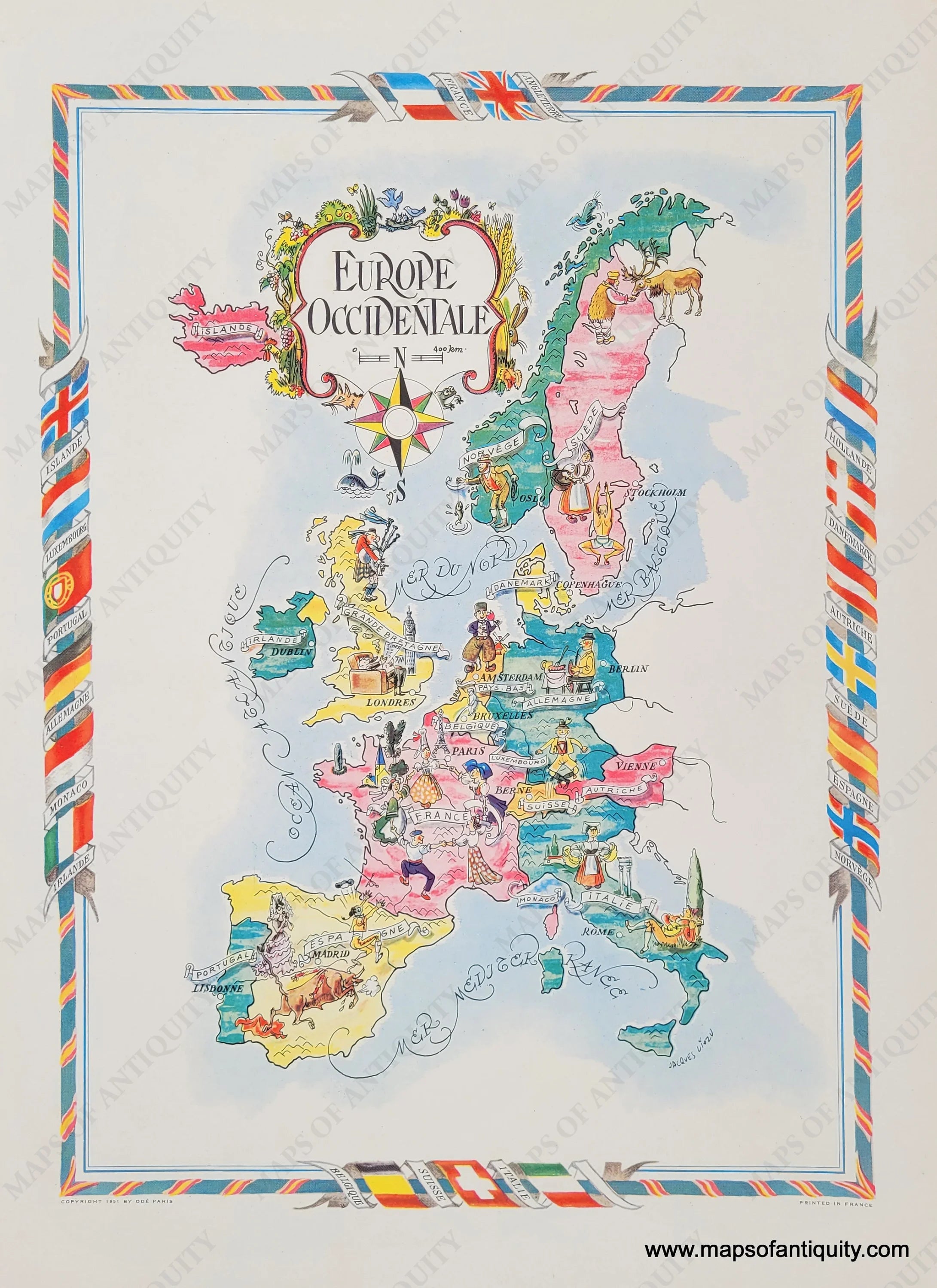 1951 - Europe Occidentale - Antique Pictorial Map – Maps of Antiquity