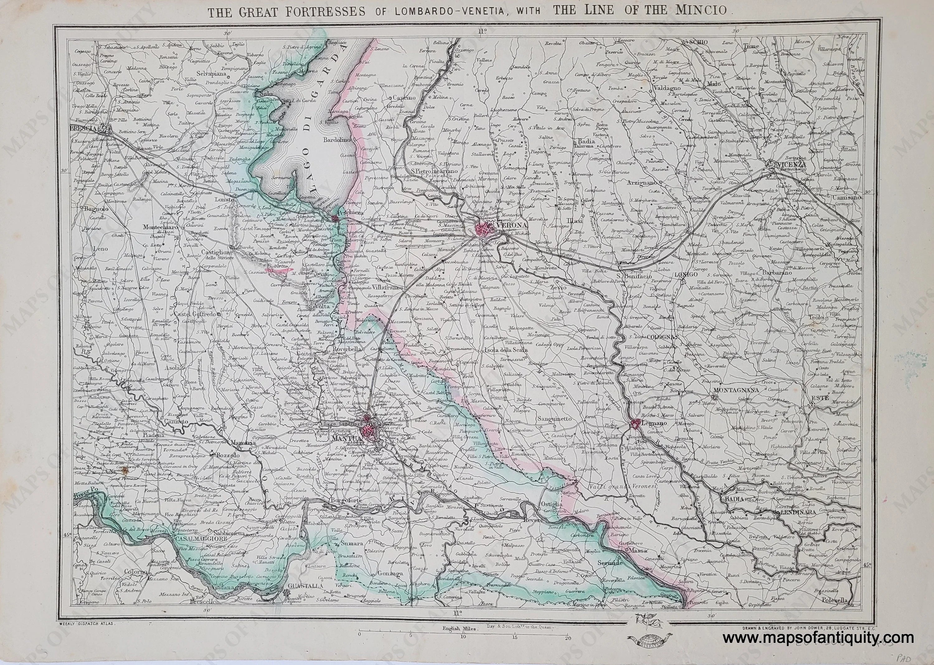 1866 Antique Map The Great Fortresses of Lombardo-Venetia, with the ...